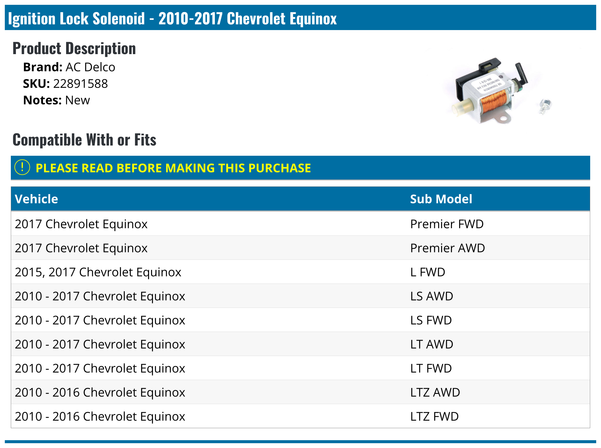 2010-2017 Chevrolet Equinox Ignition Lock Solenoid - AC Delco 22891588 ...