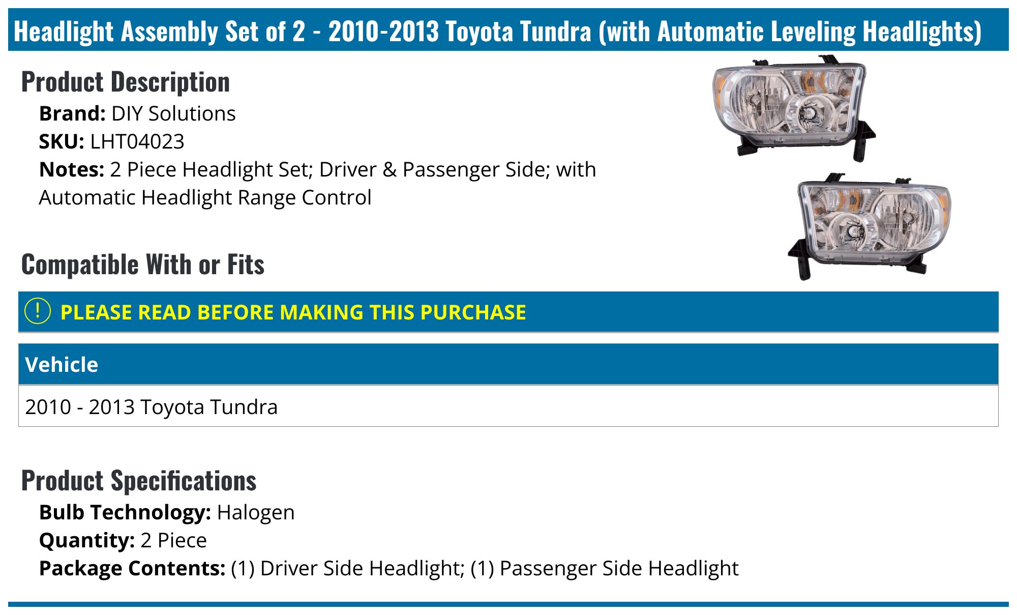 2009-2013 Toyota Tundra Headlight Assembly - DIY Solutions LHT04023 - PartsGeek.com