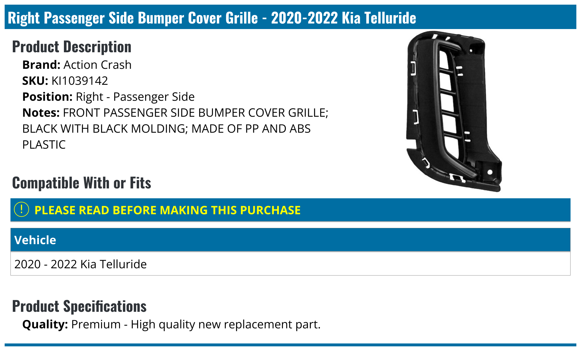 2020-2022 Kia Telluride Bumper Cover Grille - Action Crash KI1039142 ...