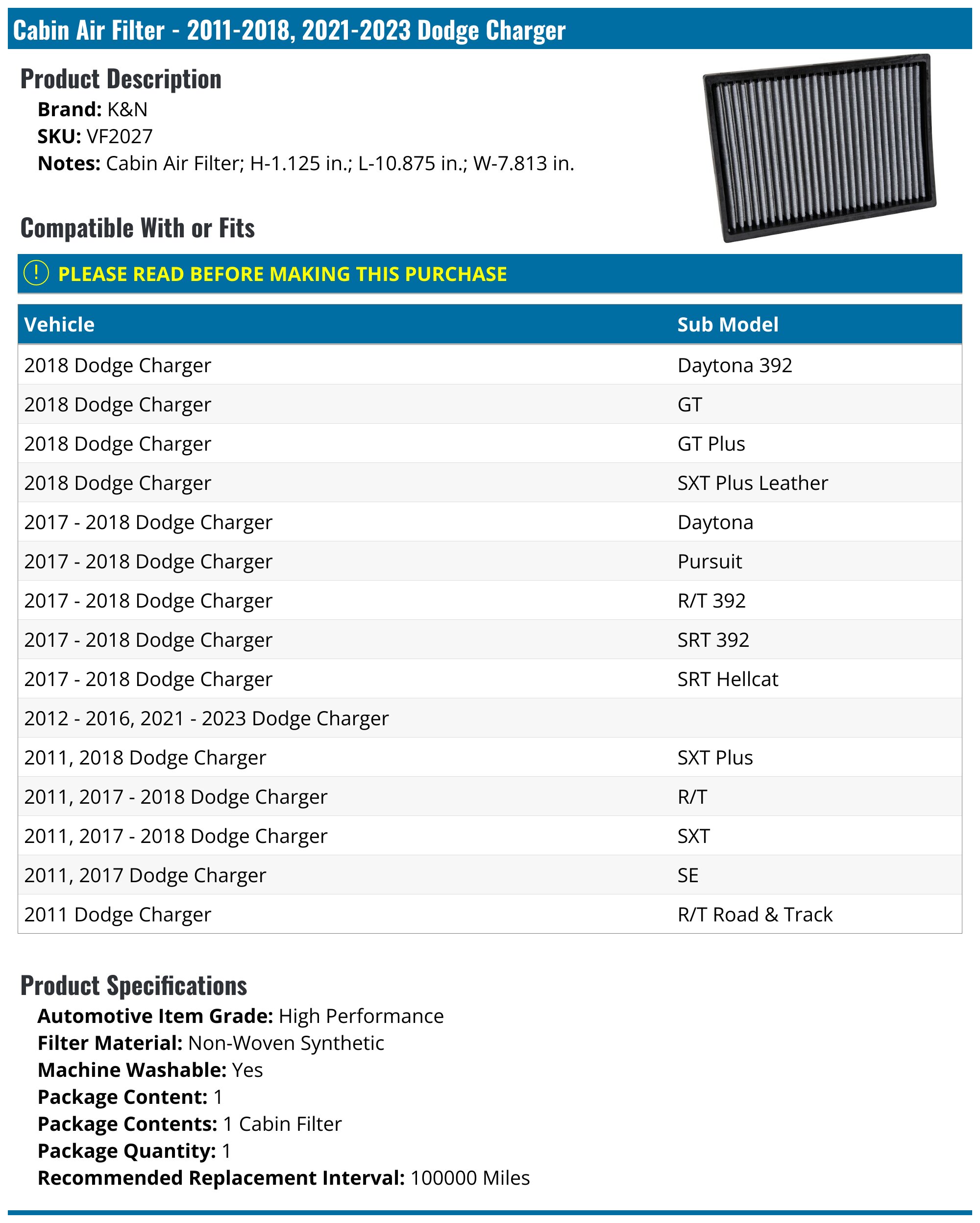 2011-2018, 2021-2023 Dodge Charger Cabin Air Filter - K&N VF2027 ...