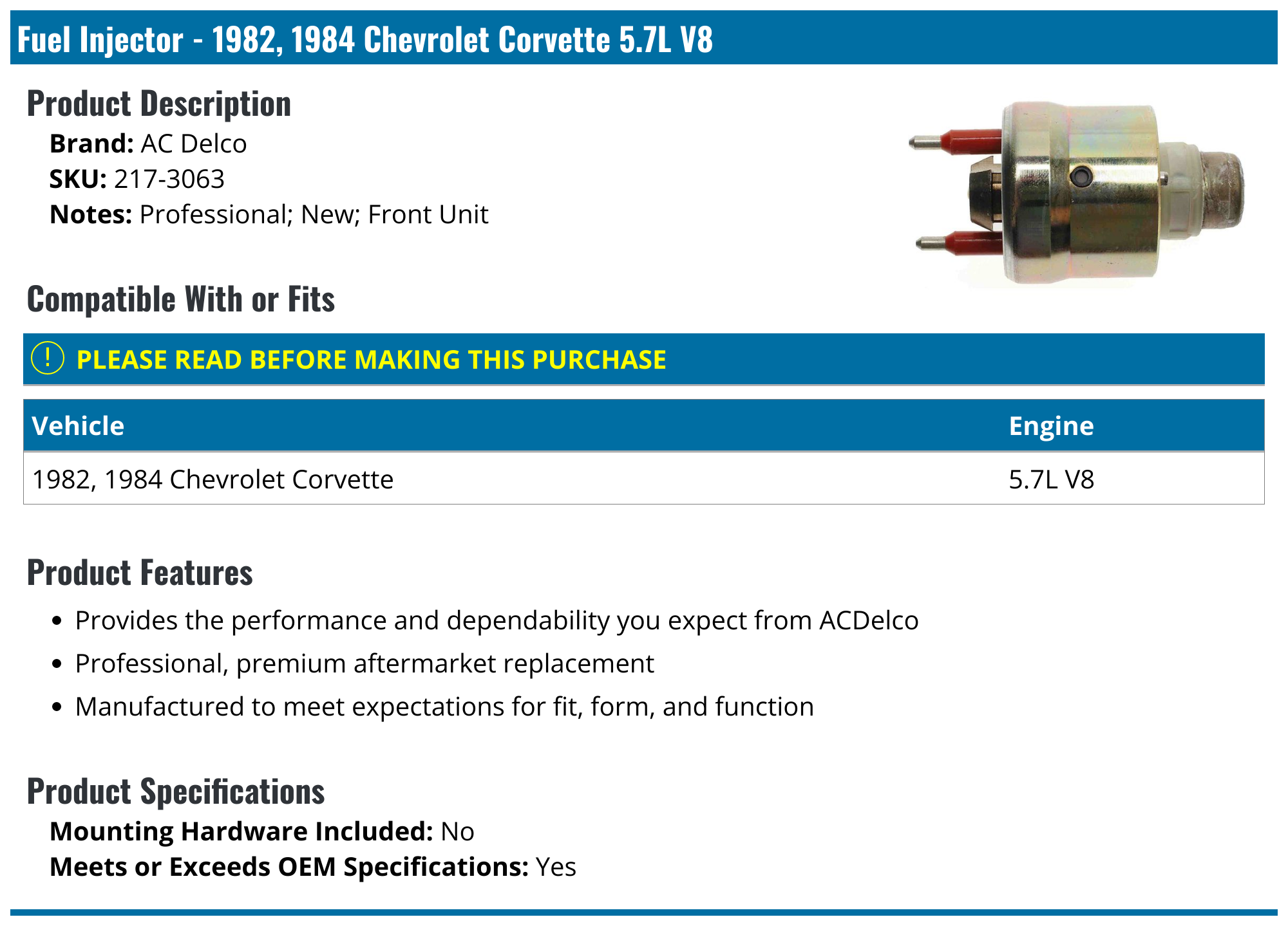 1982, 1984 Chevrolet Corvette Fuel Injector - AC Delco 217-3063 ...