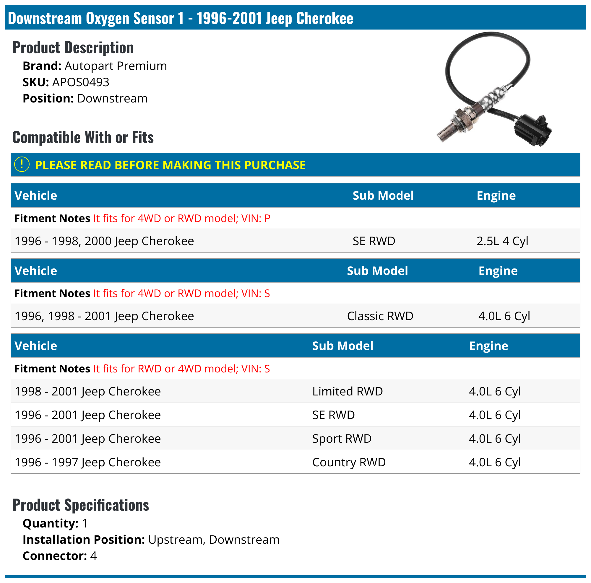 1996-2001 Jeep Cherokee Oxygen Sensor - Autopart Premium APOS0493 ...