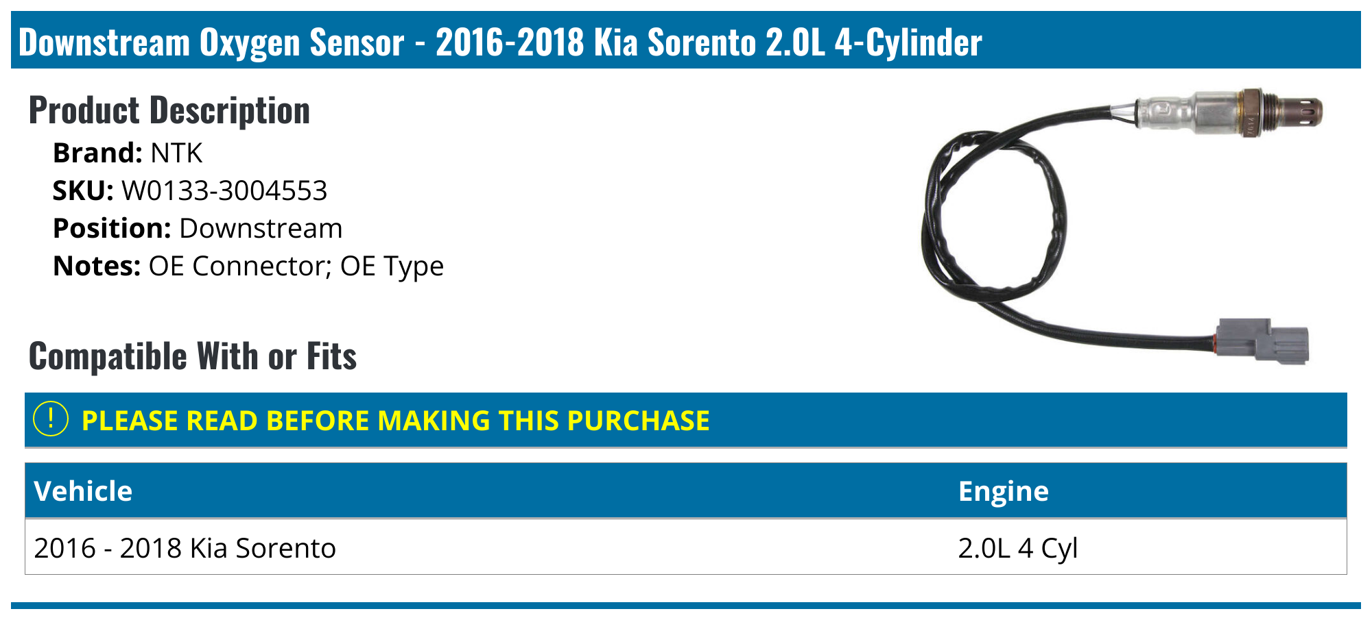 2016-2018 Kia Sorento Oxygen Sensor - NTK W0133-3004553 - Downstream ...
