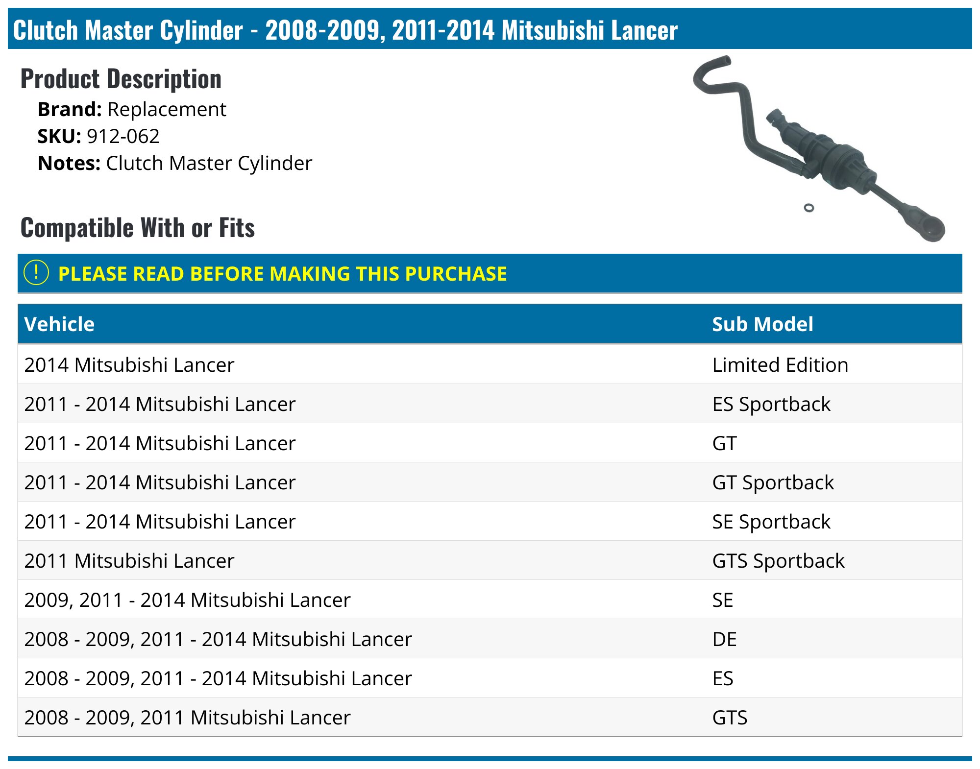 2008-2009, 2011-2014 Mitsubishi Lancer Clutch Master Cylinder ...