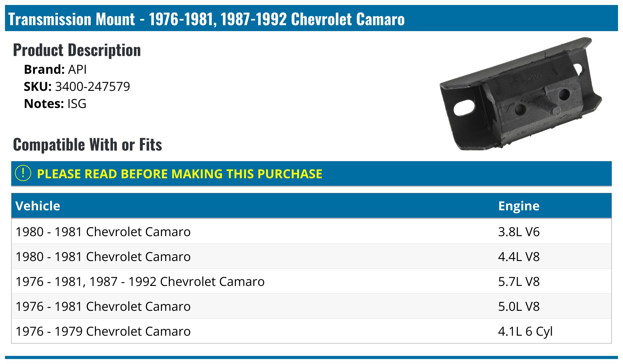 1976-1981, 1987-1992 Chevrolet Camaro Transmission Mount - API 3096 ...