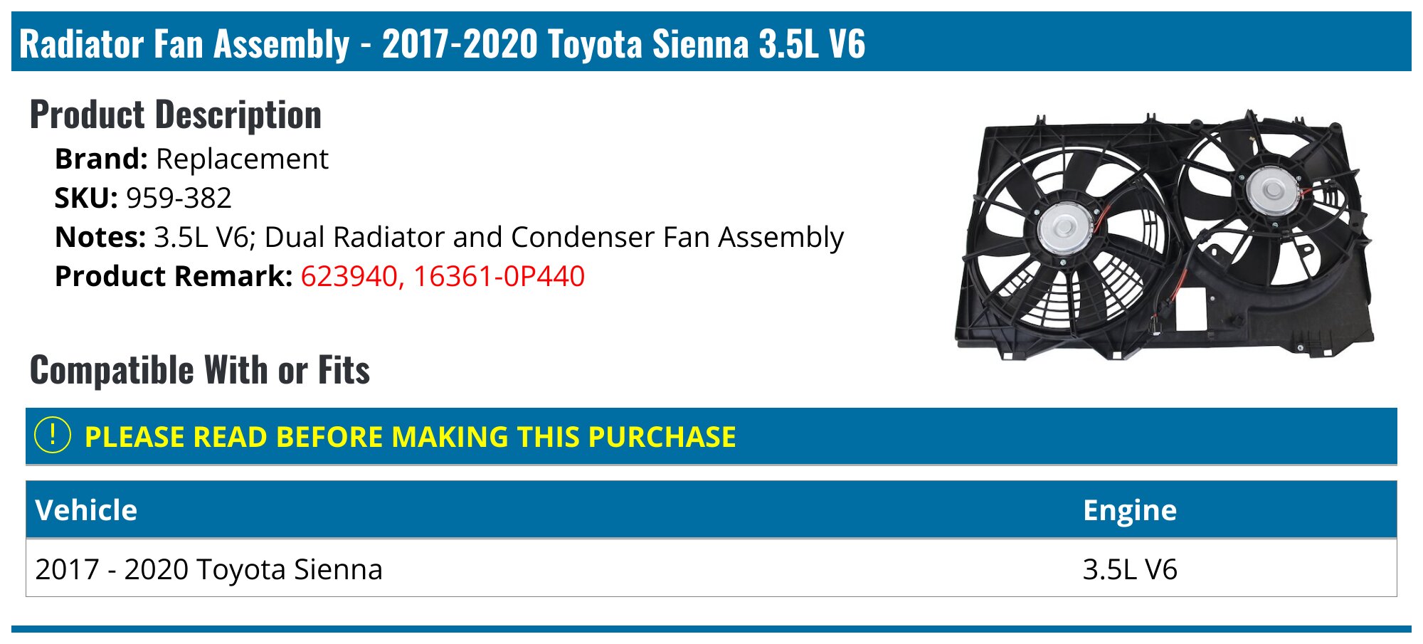 2017-2020 Toyota Sienna Radiator Fan Assembly - Replacement 959-382 ...