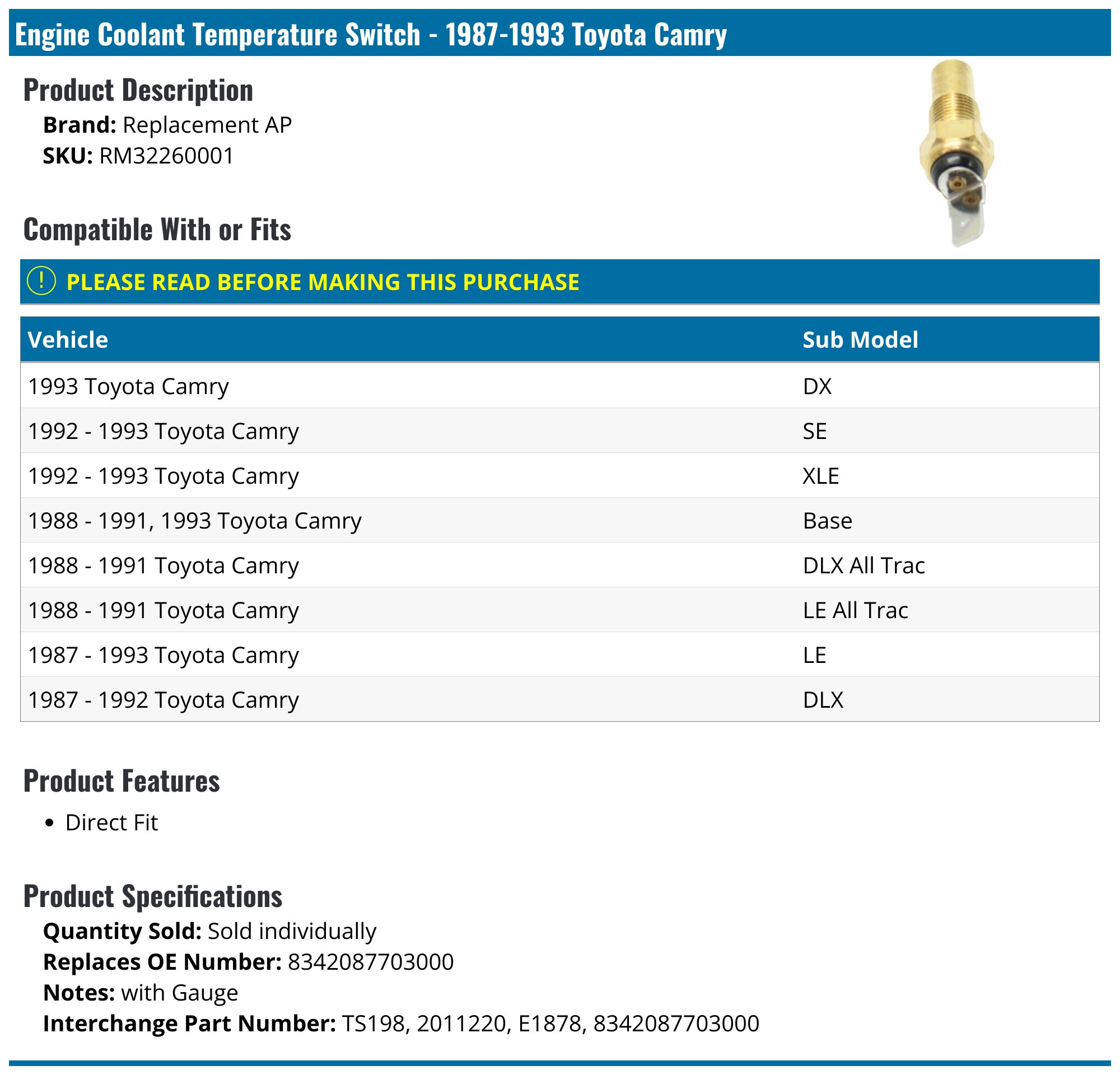 1987-1993 Toyota Camry Coolant Temperature Sensor - Replacement AP ...