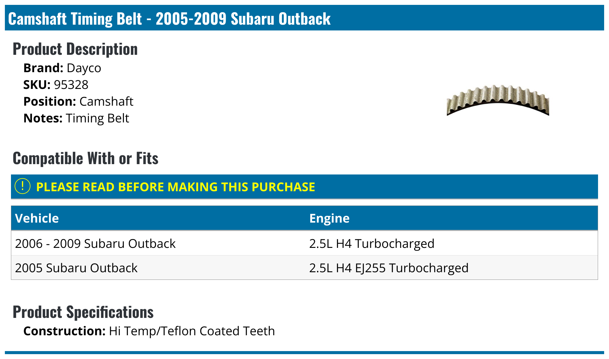 2005-2009 Subaru Outback Timing Belt - Dayco 95328 - Camshaft ...