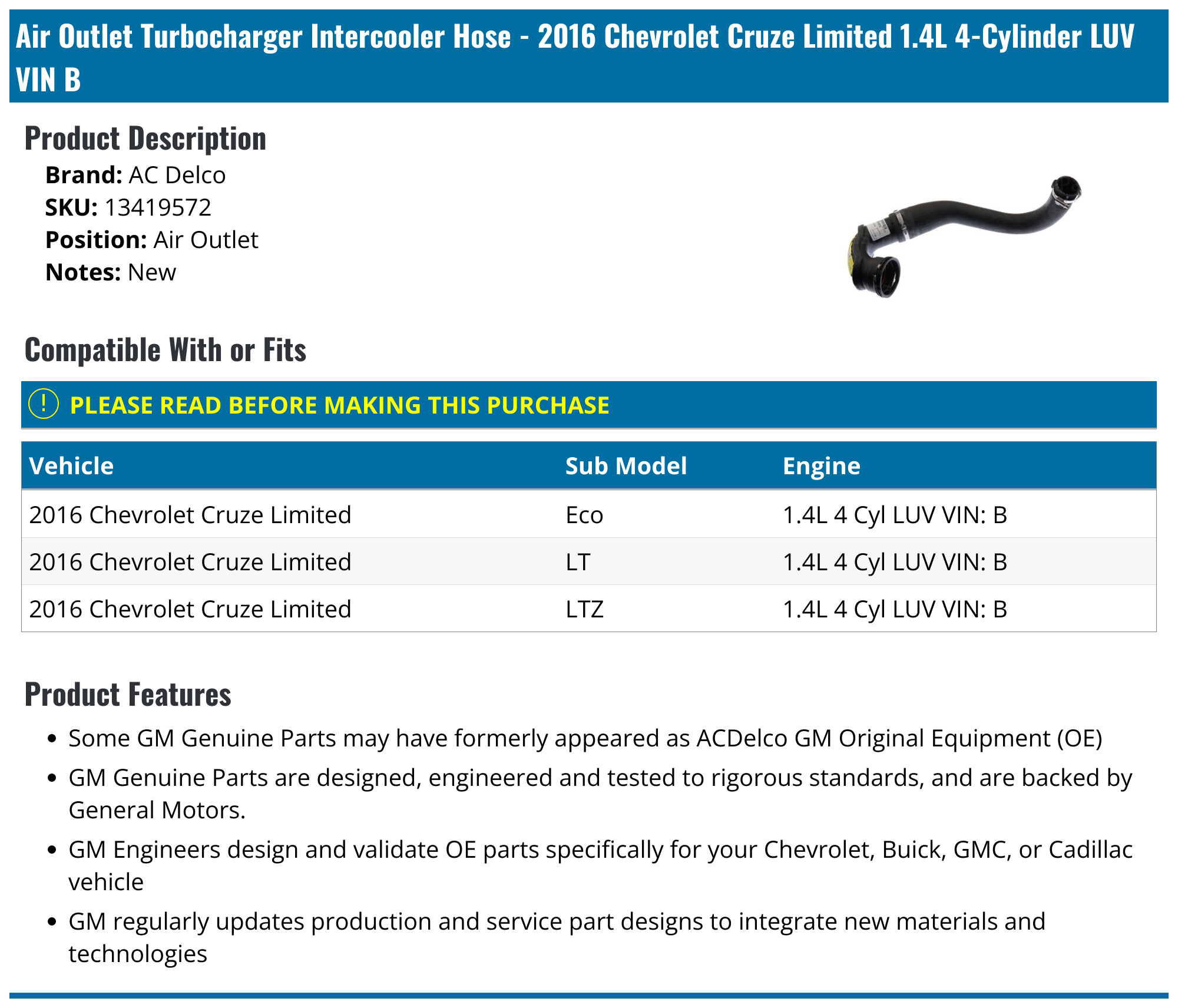 2016 Chevrolet Cruze Limited Intercooler Hose - AC Delco 13419572 - Air ...