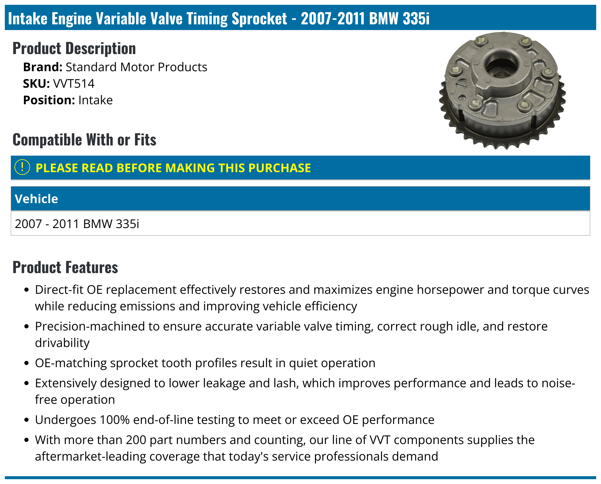 2007-2011 BMW 335i Engine Variable Valve Timing Sprocket - Standard ...