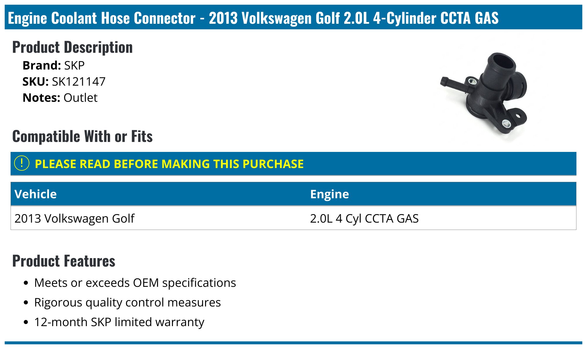 2013 Volkswagen Golf Engine Coolant Hose Connector - SKP SK121147 ...