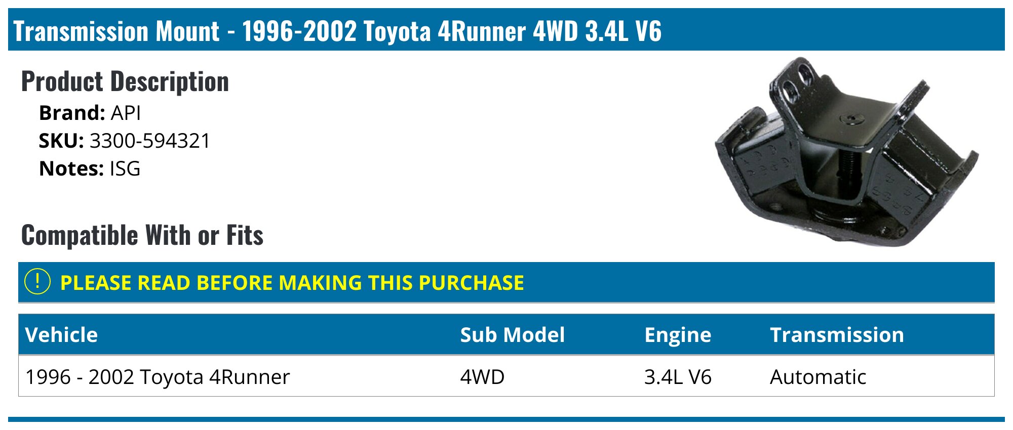 1996-2002 Toyota 4Runner Transmission Mount - API 7919-02966031 ...