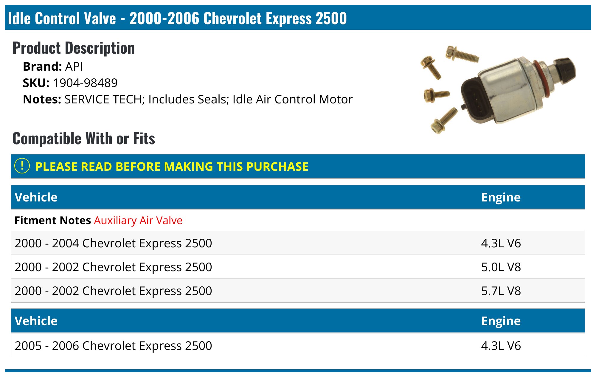 2000-2006 Chevrolet Express 2500 Idle Control Valve - API 3256-07701746 ...
