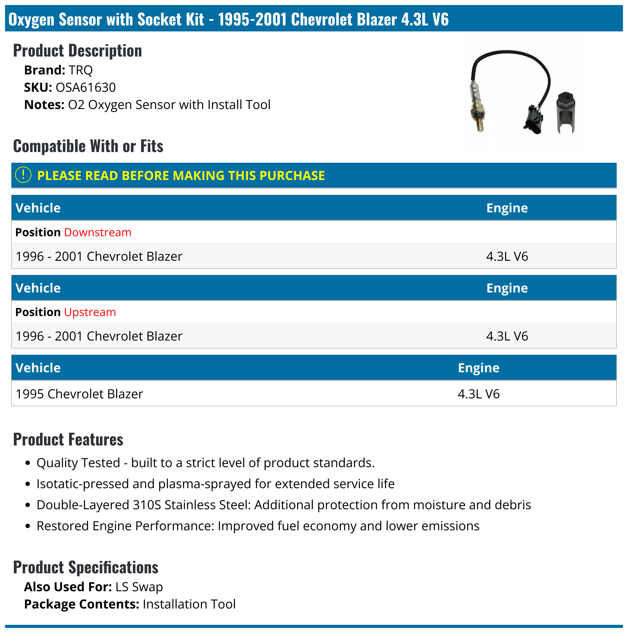 1995-2001 Chevrolet Blazer Oxygen Sensor - TRQ OSA61630 - Upstream ...
