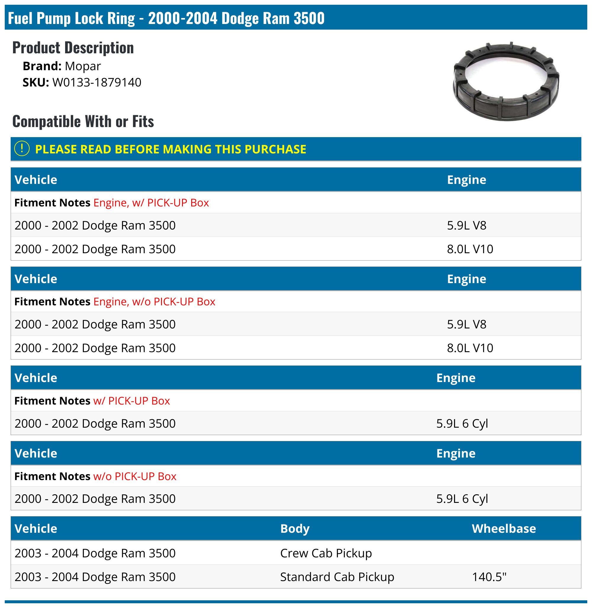 2000-2004 Dodge Ram 3500 Fuel Pump Lock Ring - Mopar W0133-1879140 ...