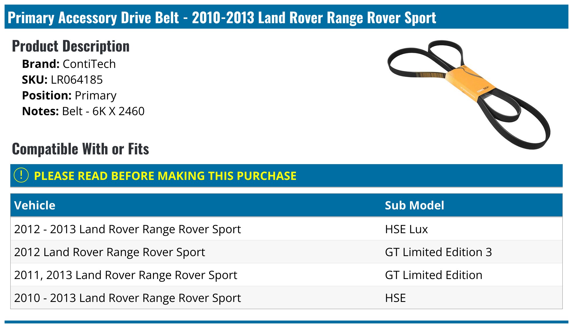 2010-2013 Land Rover Range Rover Sport Accessory Drive Belt - ContiTech ...