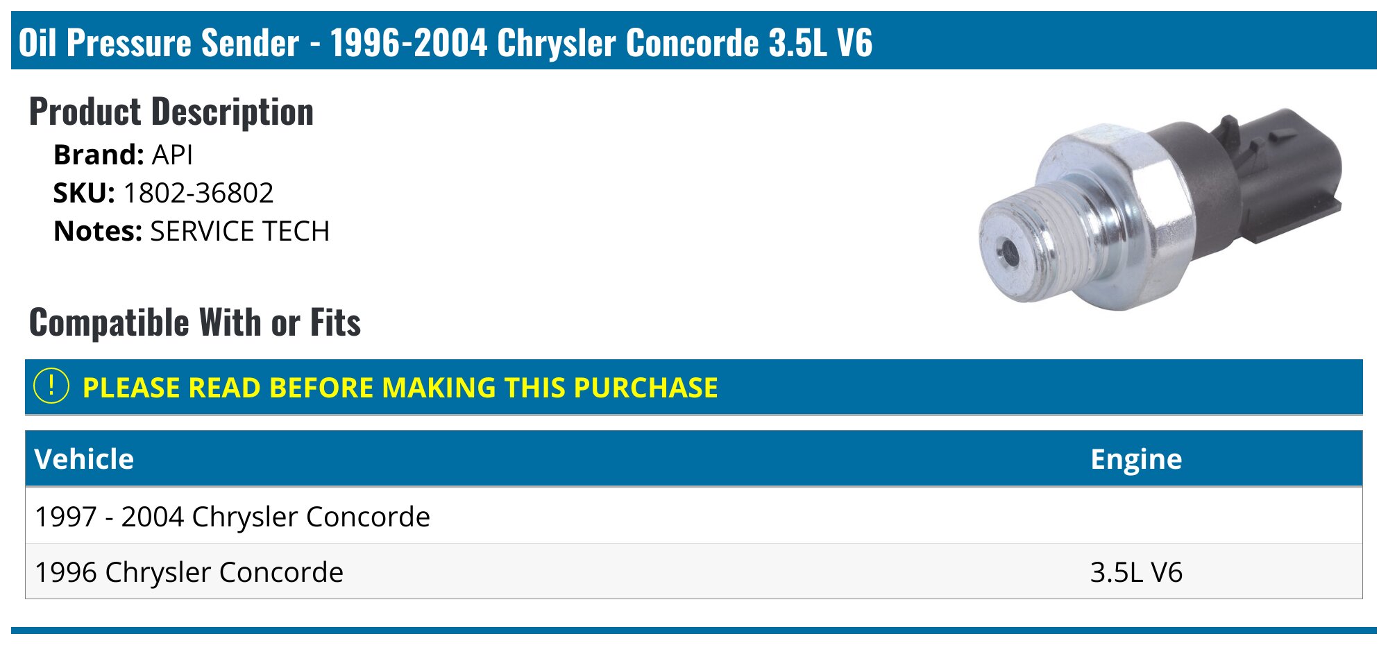 1996-2004 Chrysler Concorde Oil Pressure Sender - API 1438-07568095 ...