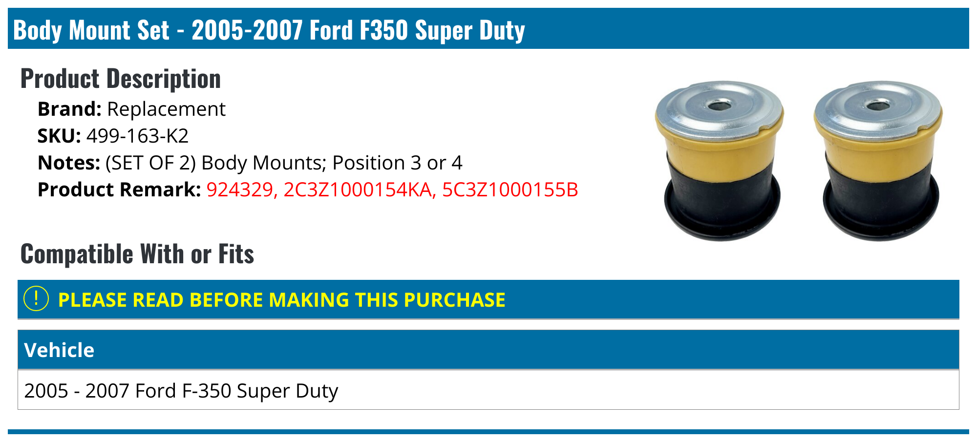 2005-2007 Ford F350 Super Duty Body Mount - Replacement 499-163-K2 ...