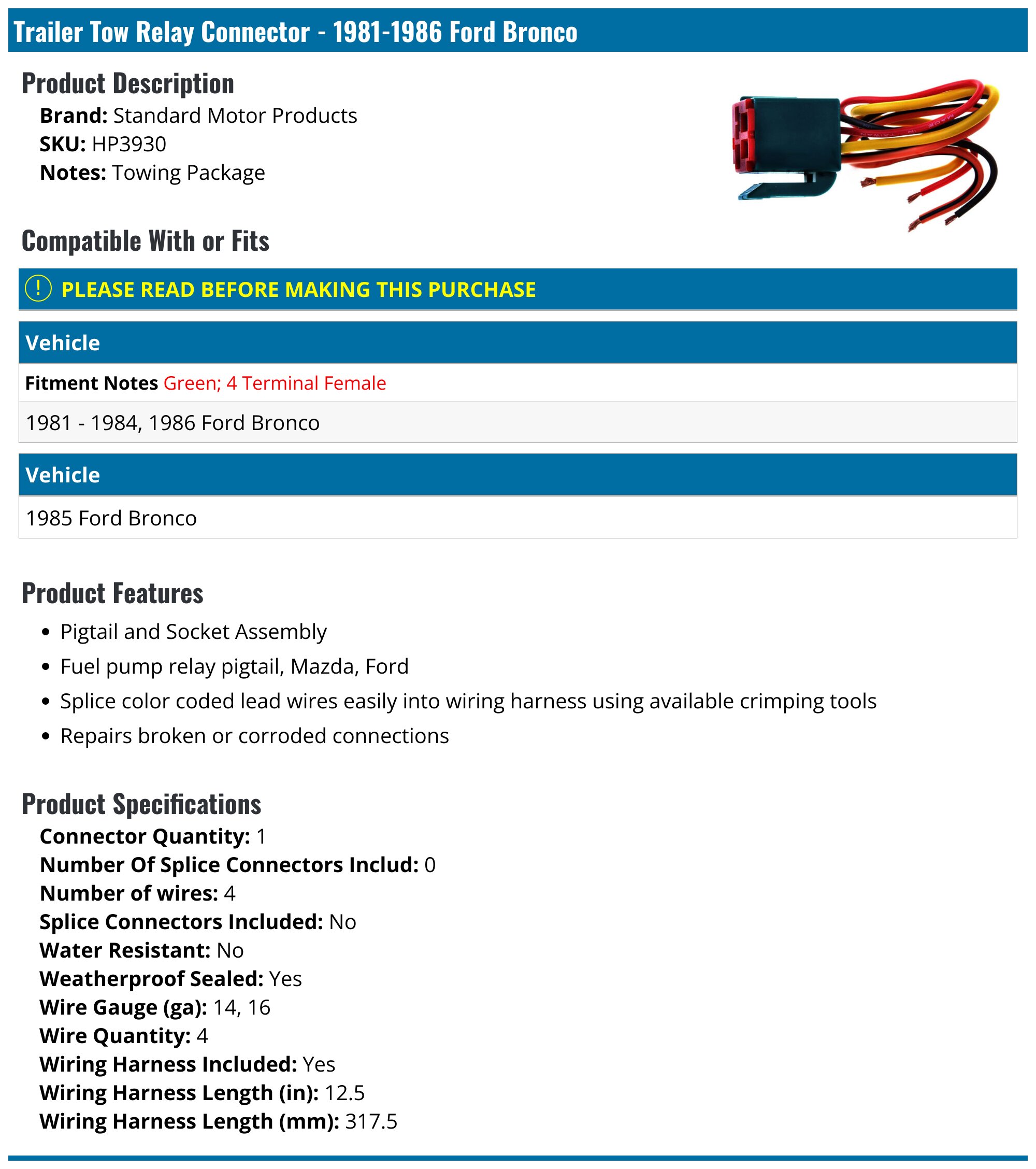 1981-1986 Ford Bronco Trailer Tow Relay Connector - Standard Motor ...