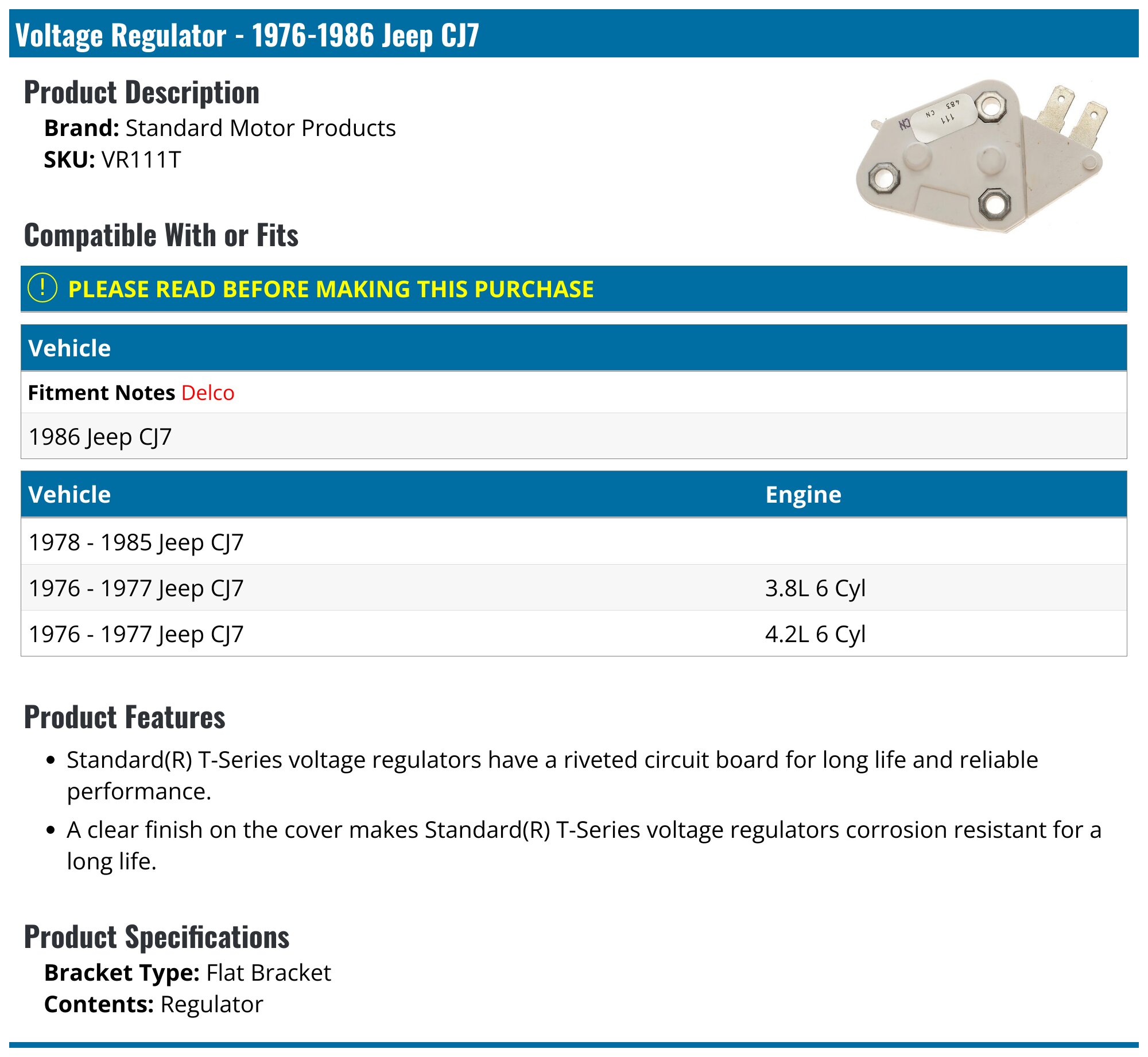 1976-1986 Jeep CJ7 Voltage Regulator - Standard Motor Products VR111T ...