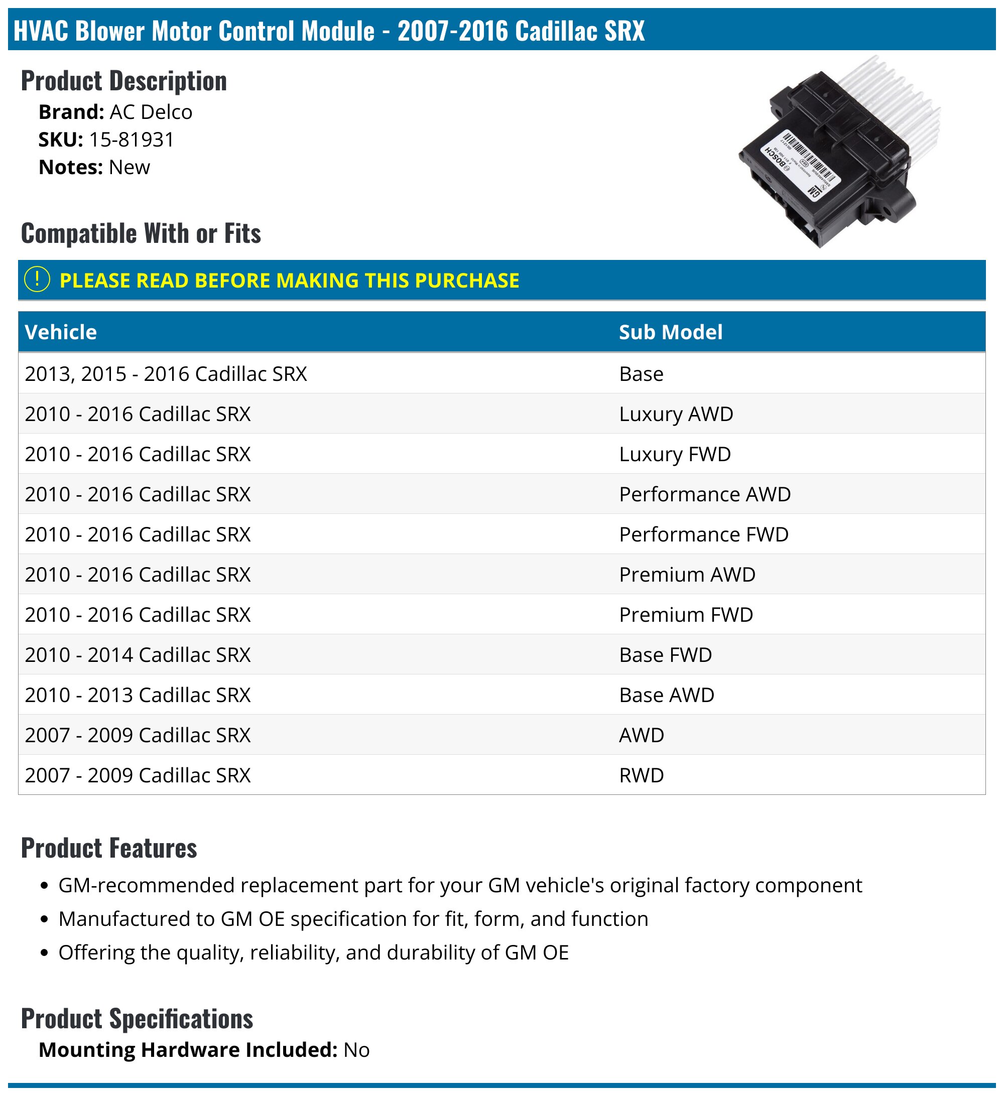 2007-2016 Cadillac SRX HVAC Blower Motor Control Module - AC Delco 15 ...