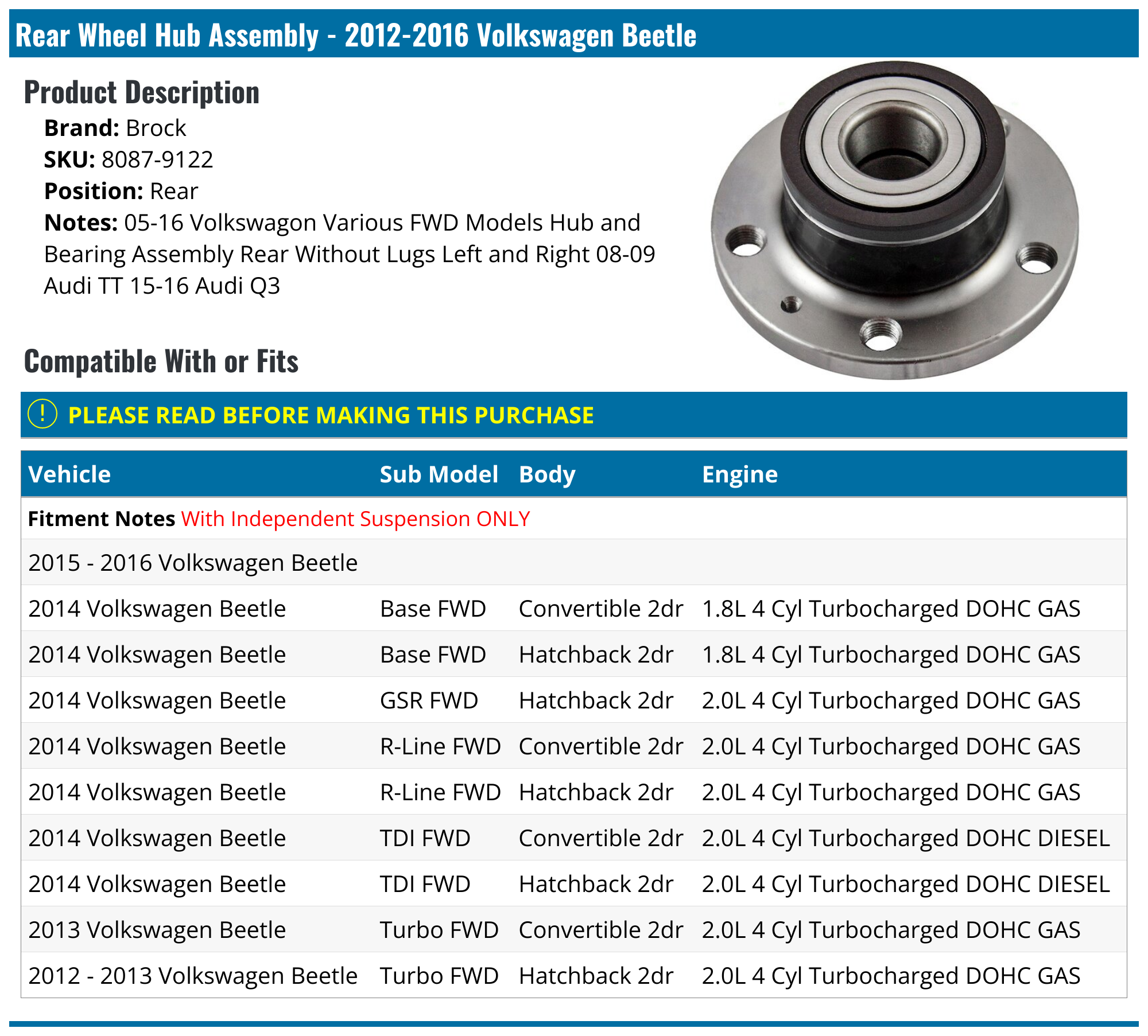 2012-2016 Volkswagen Beetle Wheel Hub Assembly - Brock 8087-9122 - Rear ...