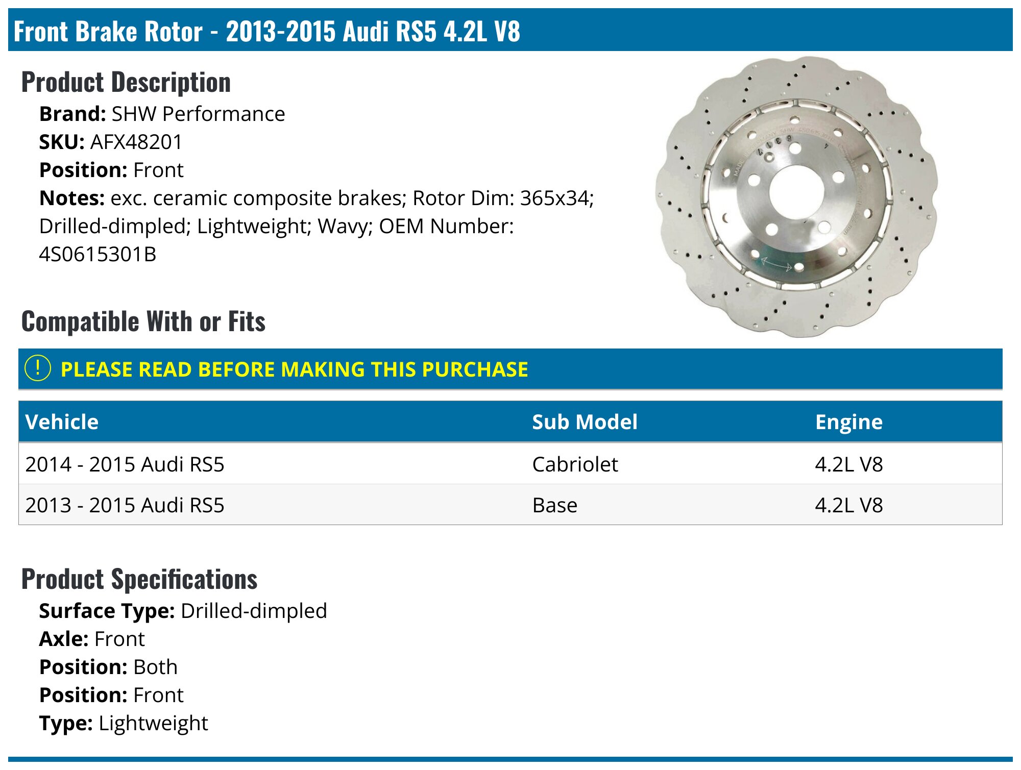 2013-2015 Audi RS5 Brake Rotor - SHW Performance AFX48201 - Front ...