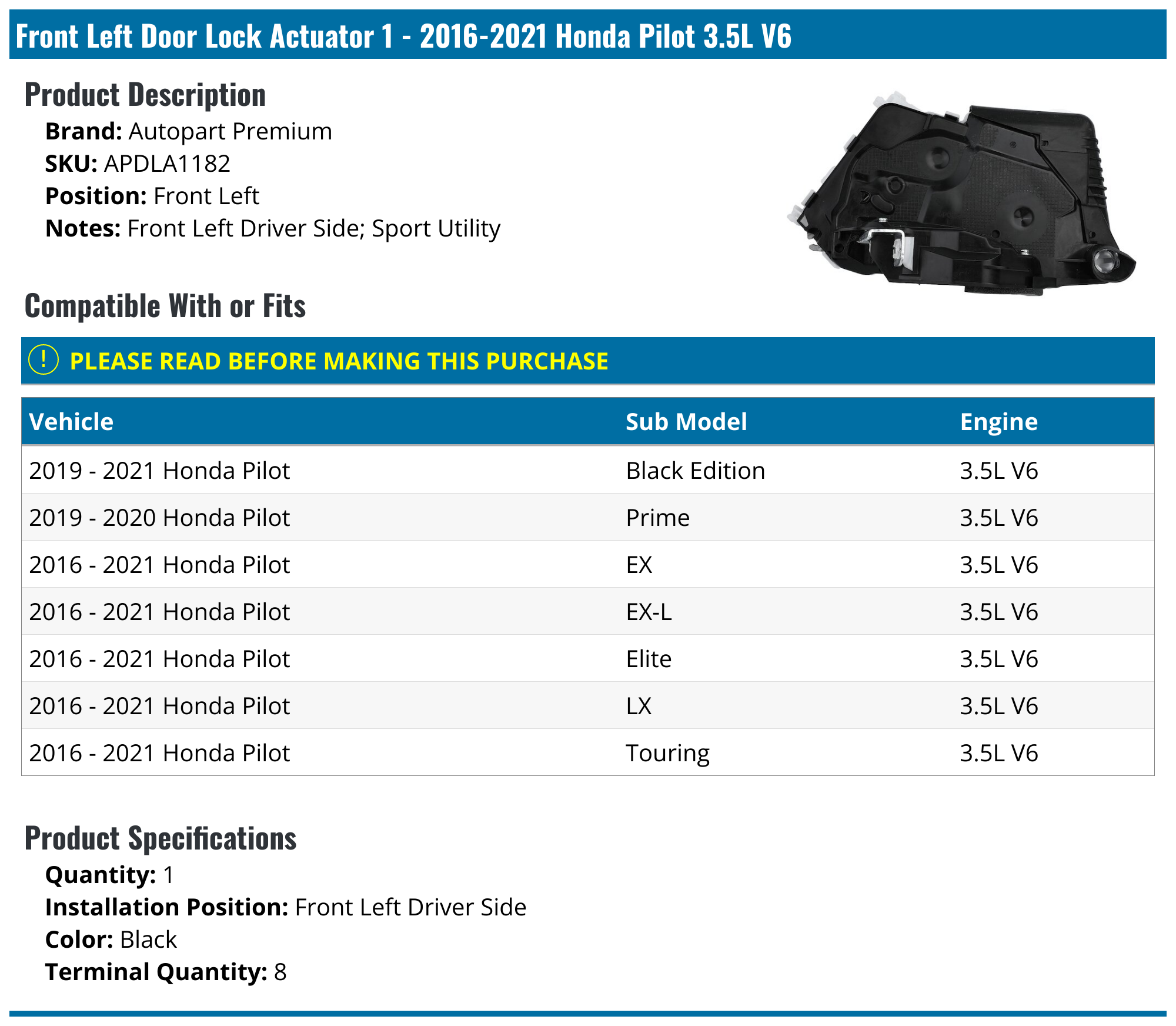 2016-2021 Honda Pilot Door Lock Actuator - Autopart Premium APDLA1182 ...