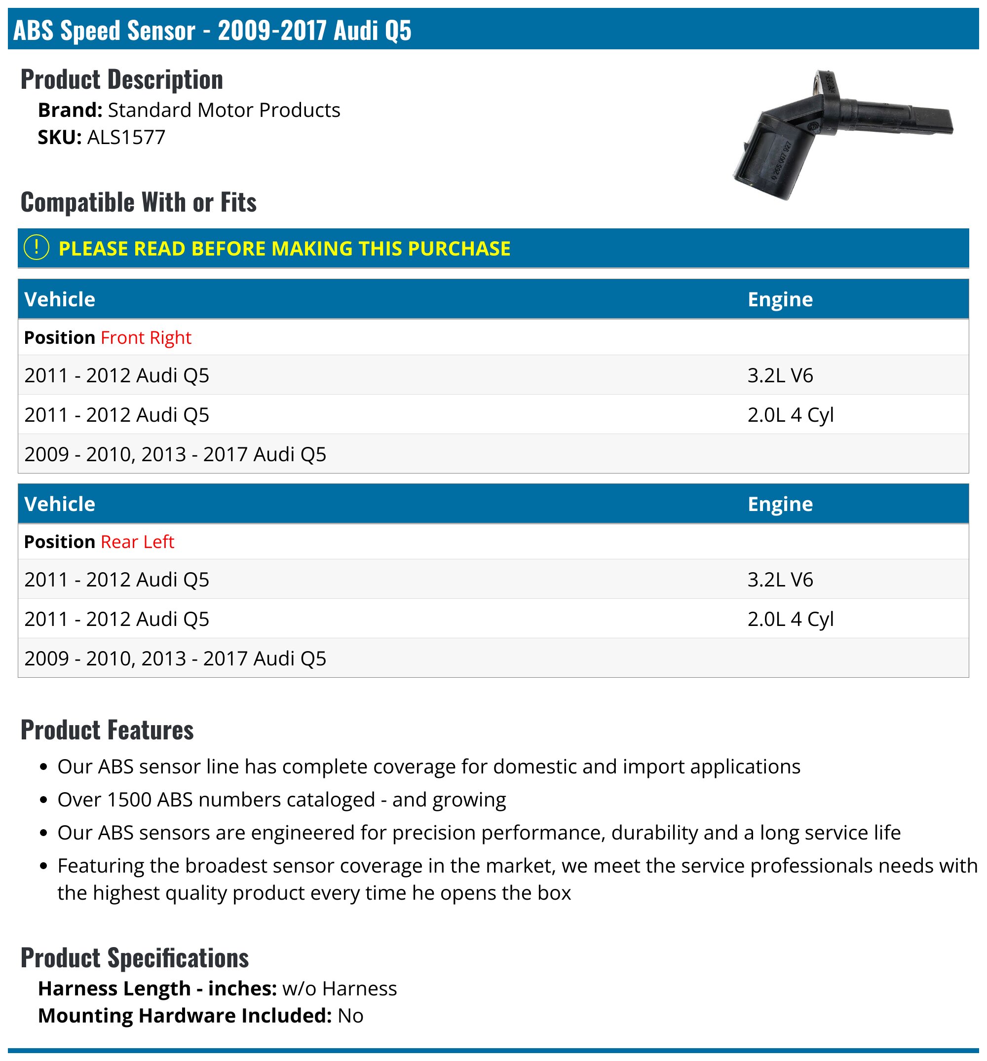 2009-2017 Audi Q5 ABS Speed Sensor - Standard Motor Products ALS1577 ...