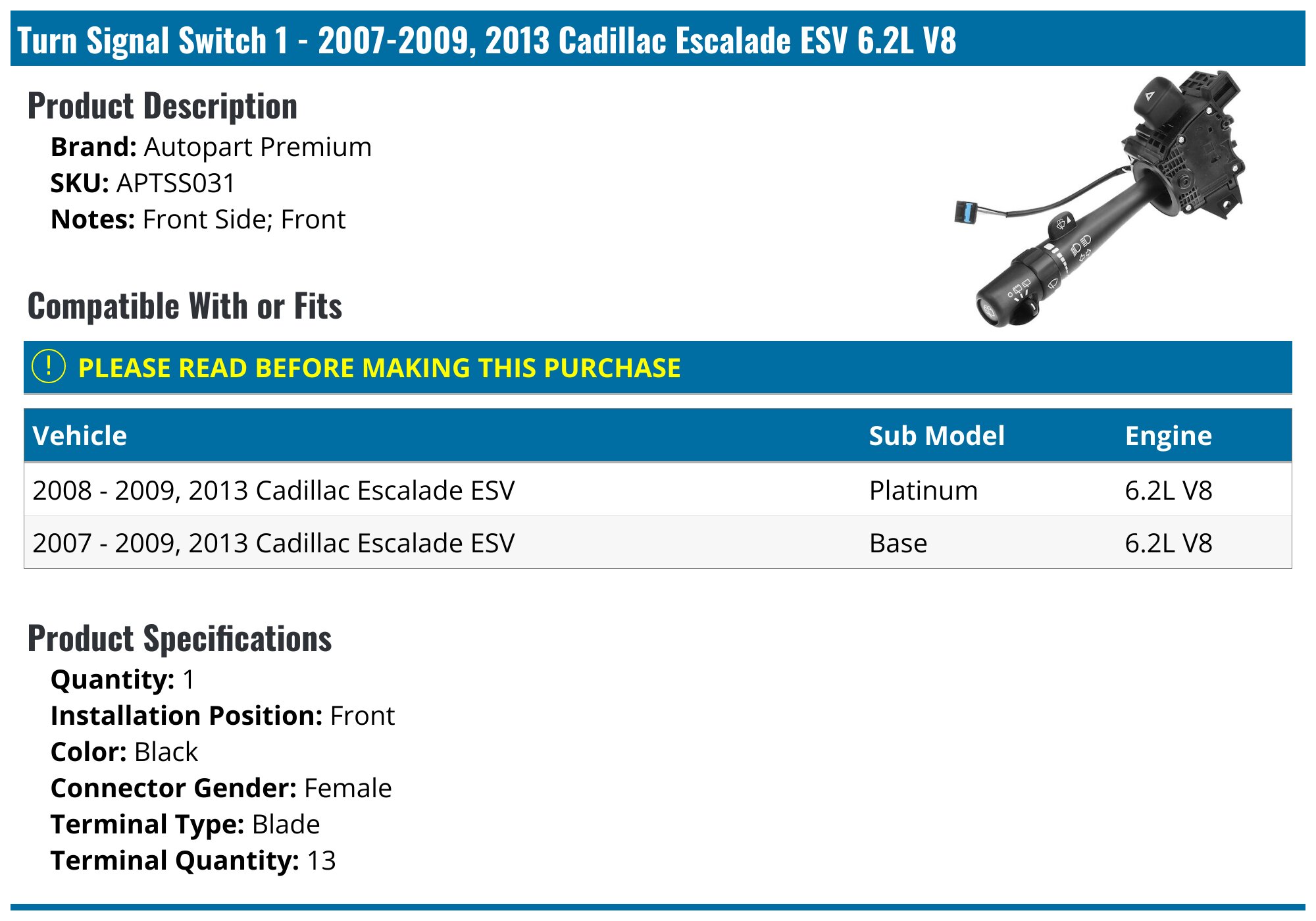 2007-2009, 2013 Cadillac Escalade ESV Turn Signal Switch - Autopart ...