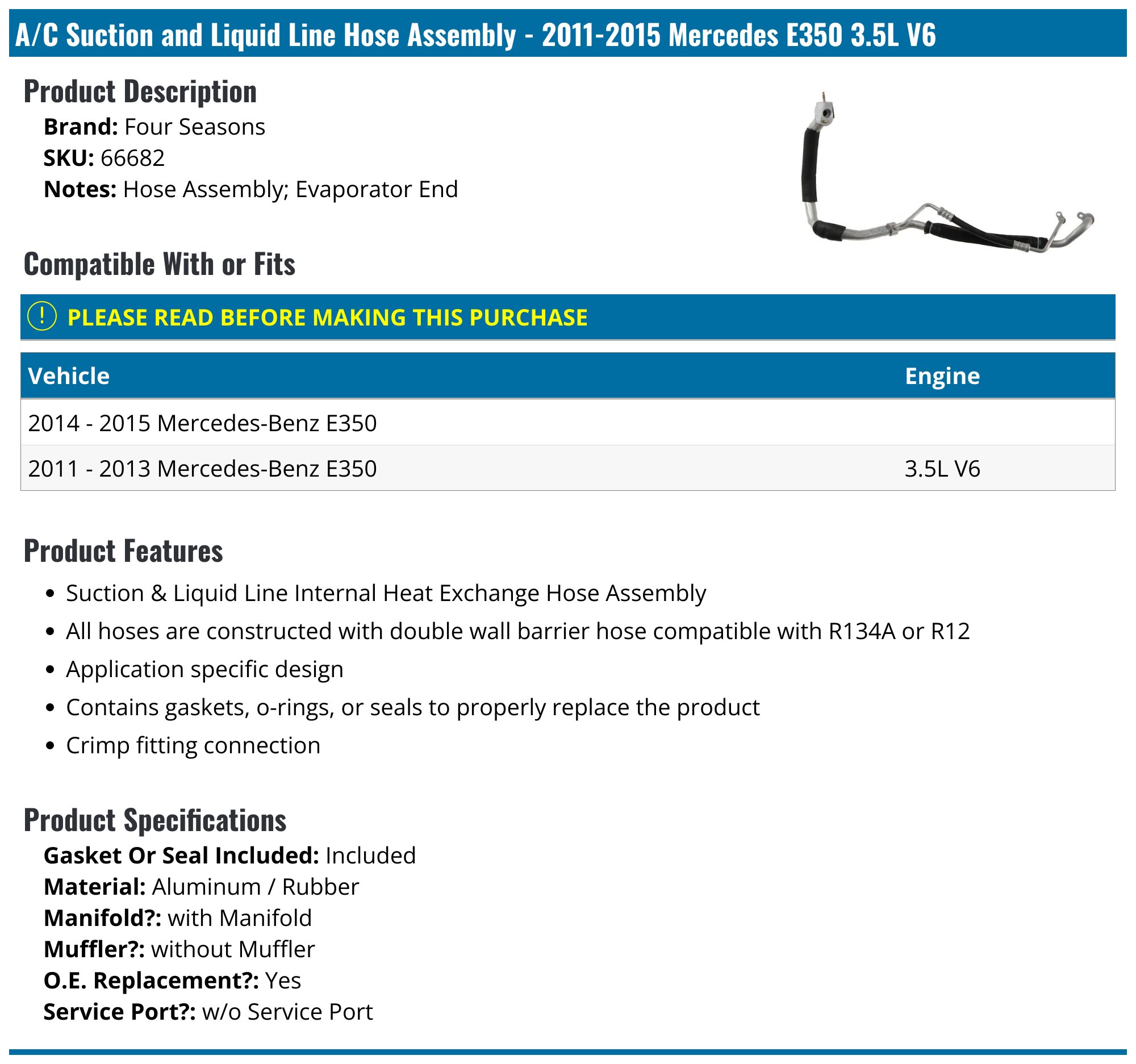 2011-2015 Mercedes E350 A/C Suction and Liquid Line Hose Assembly ...