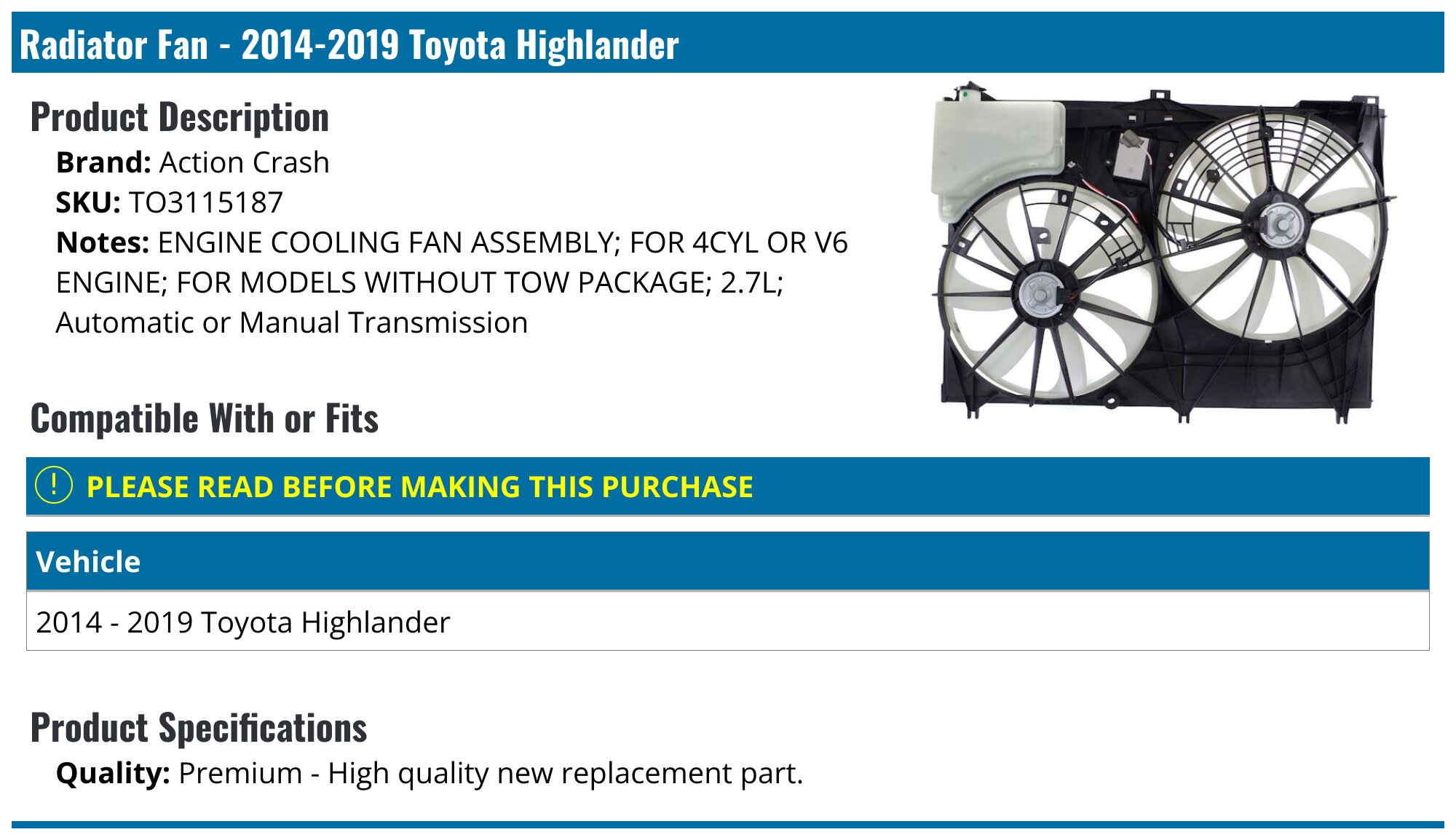 2014-2019 Toyota Highlander Radiator Fan Assembly - Action Crash ...