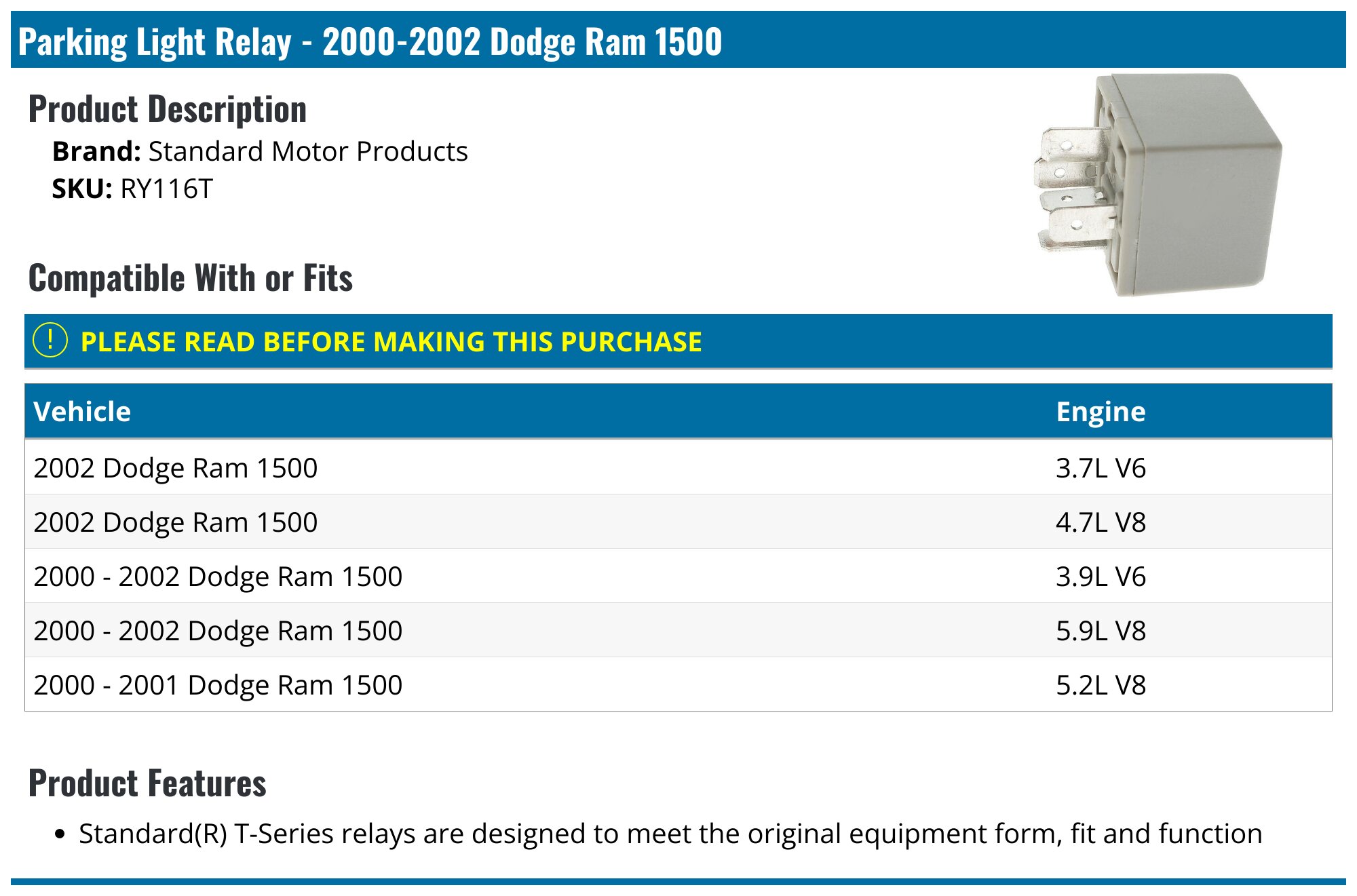 2000-2002 Dodge Ram 1500 Parking Light Relay - Standard Motor Products ...