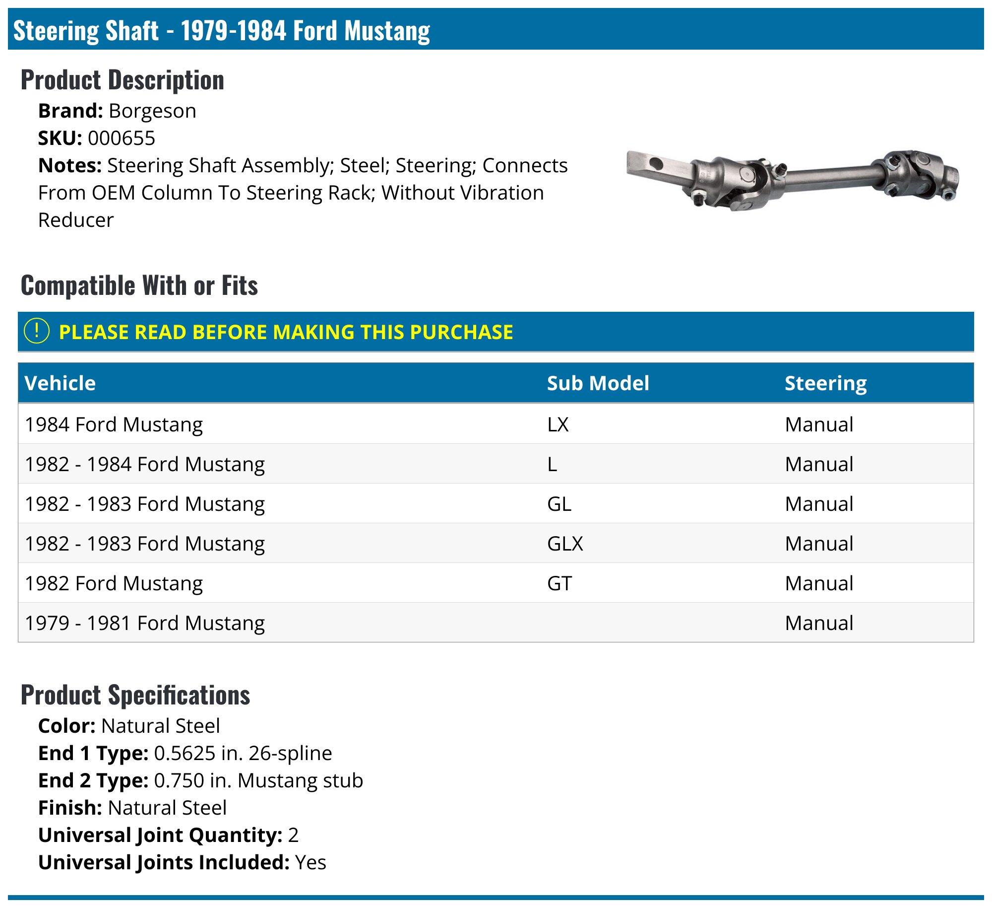1979-1984 Ford Mustang Steering Shaft - Borgeson 000655 - PartsGeek.com
