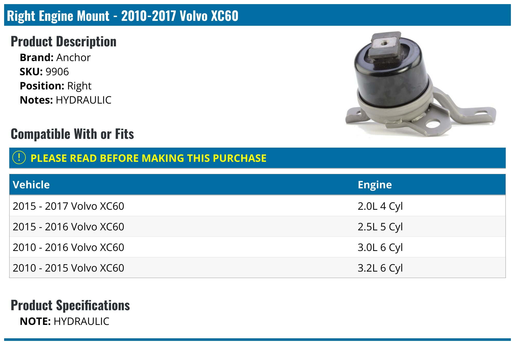 2010-2017 Volvo XC60 Engine Mount - Anchor 9906 - Right - PartsGeek.com