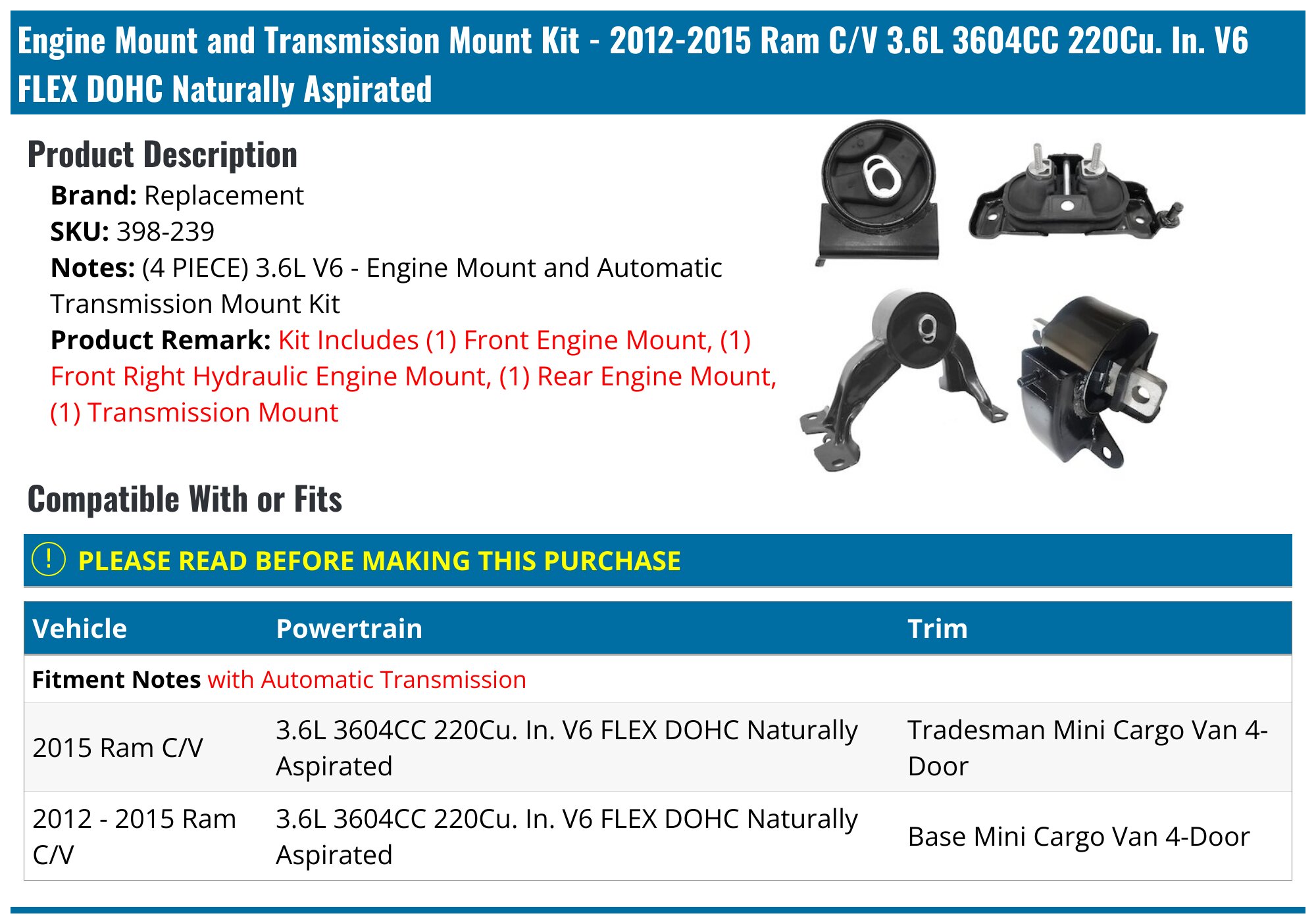 2012-2015 Ram C/V Engine Mount - Replacement 398-239 - PartsGeek.com