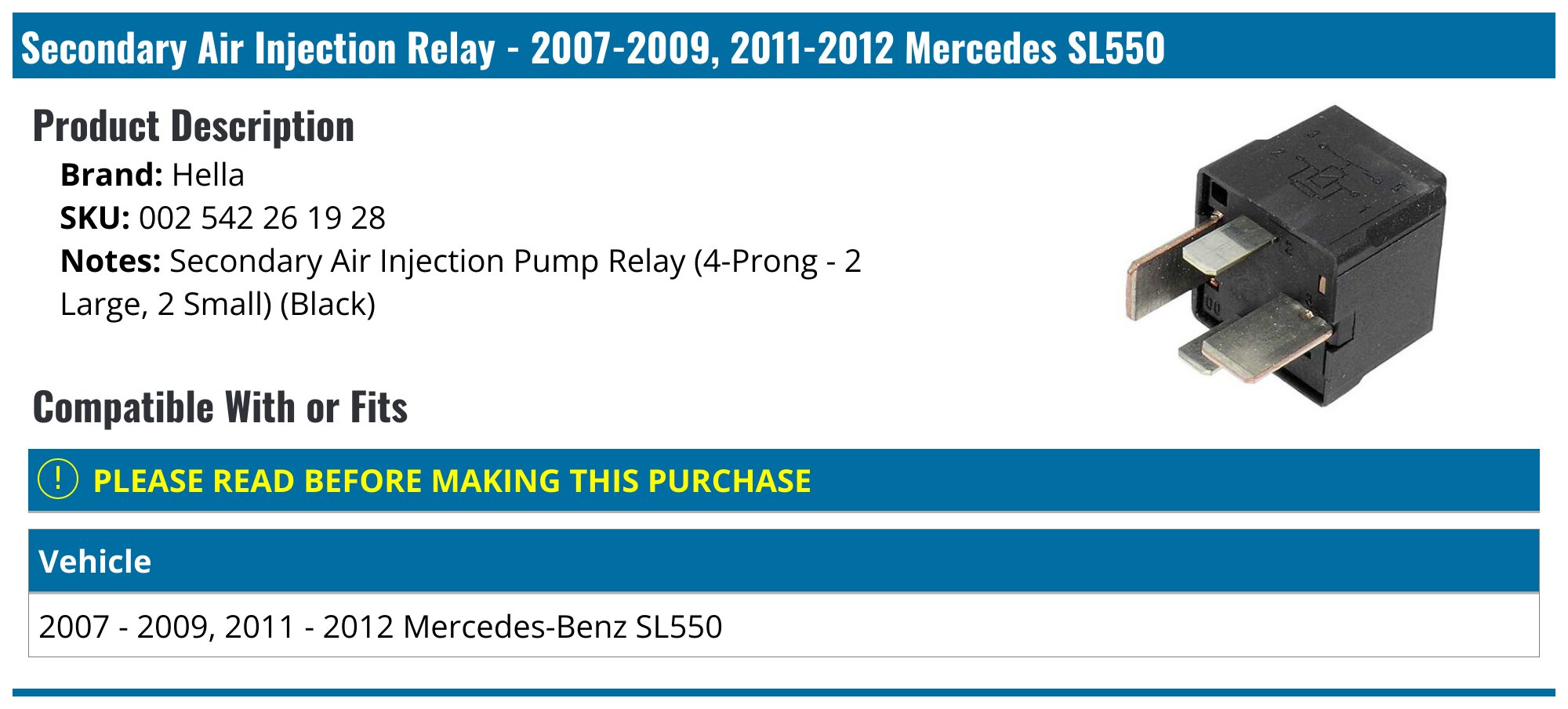 2007-2009, 2011-2012 Mercedes SL550 Secondary Air Injection Relay ...