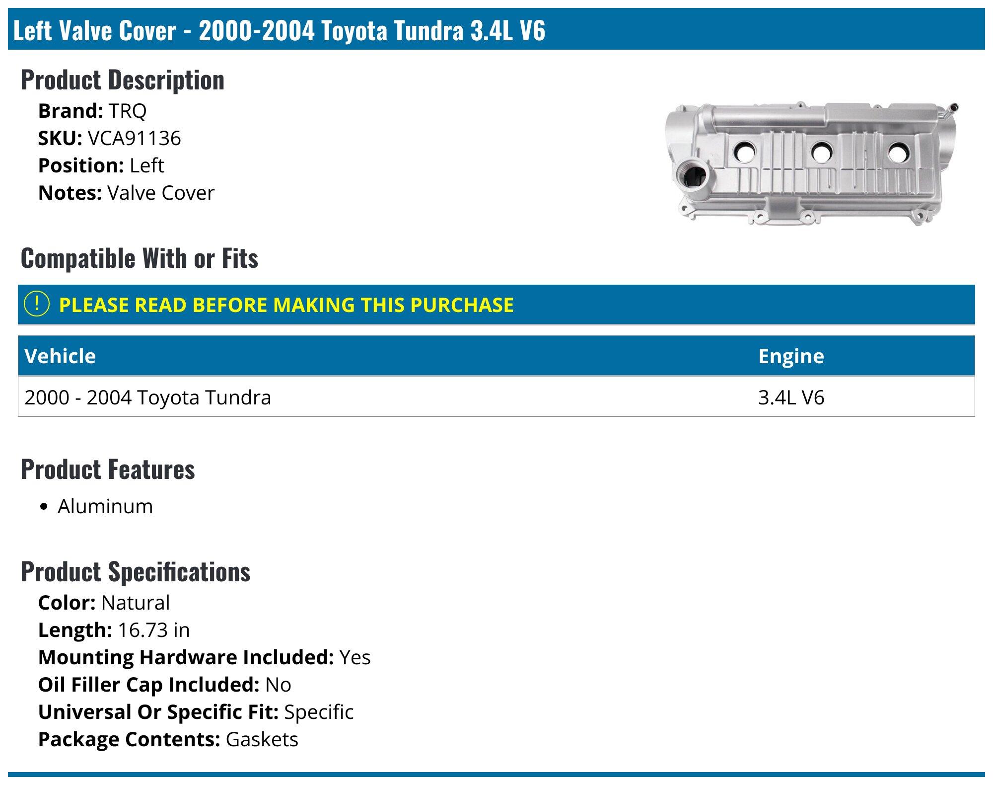2000-2004 Toyota Tundra Valve Cover - TRQ VCA91136 - Left - PartsGeek.com