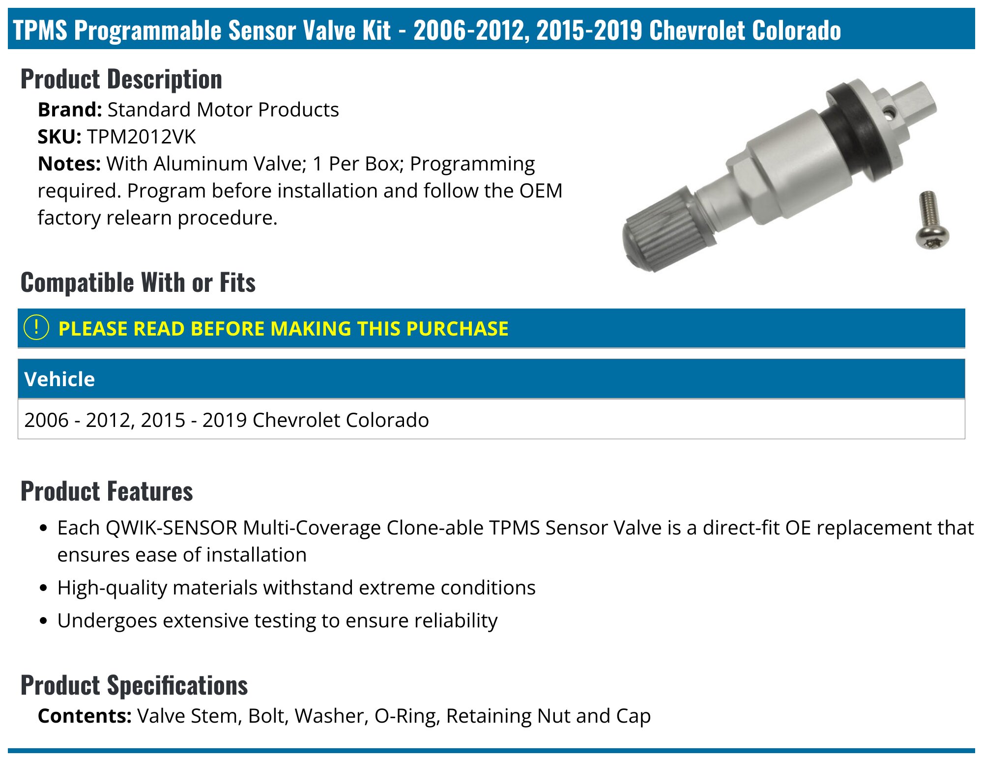 2006-2012, 2015-2019 Chevrolet Colorado TPMS Programmable Sensor Valve ...