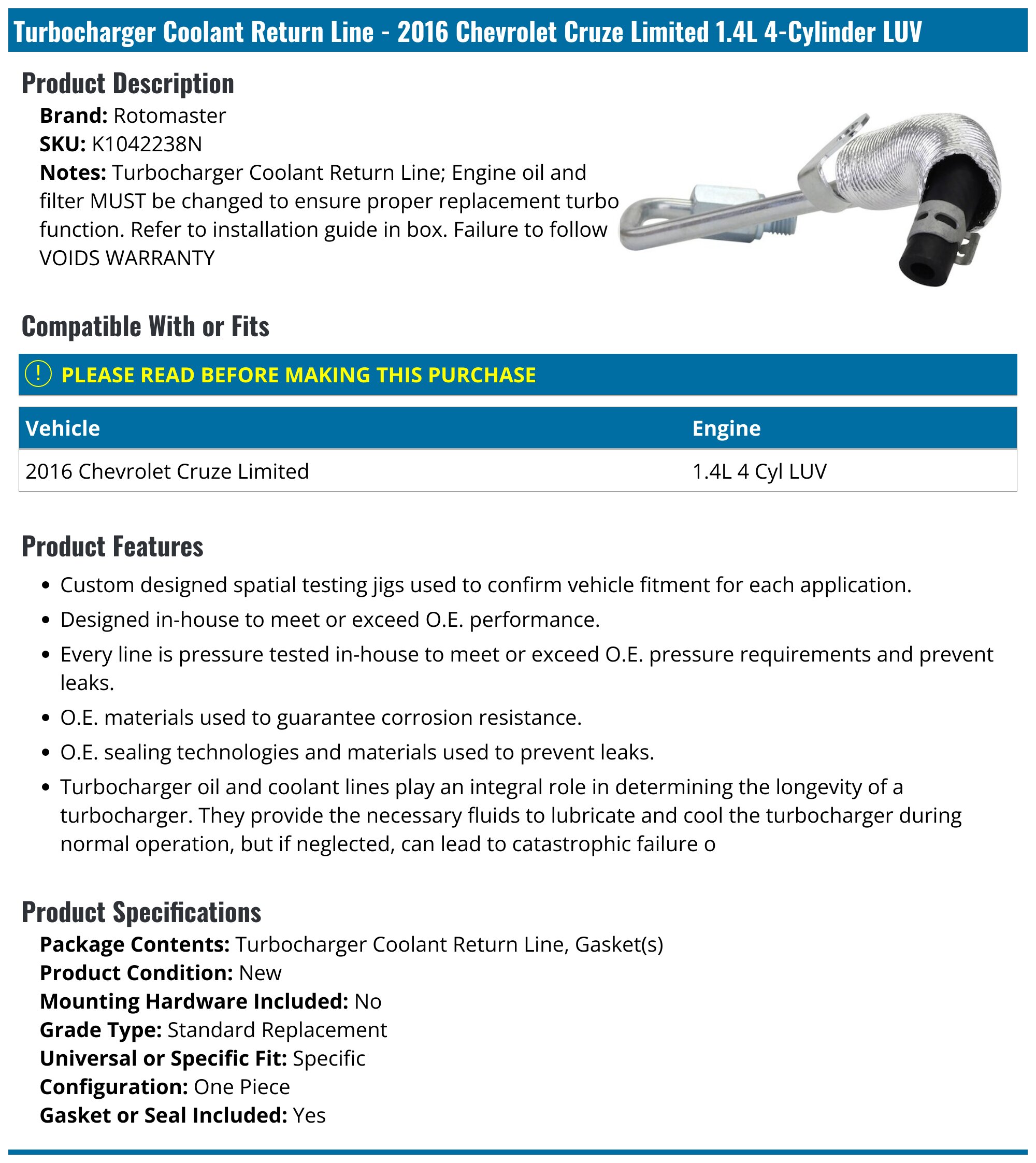 2016 Chevrolet Cruze Limited Turbocharger Coolant Return Line ...