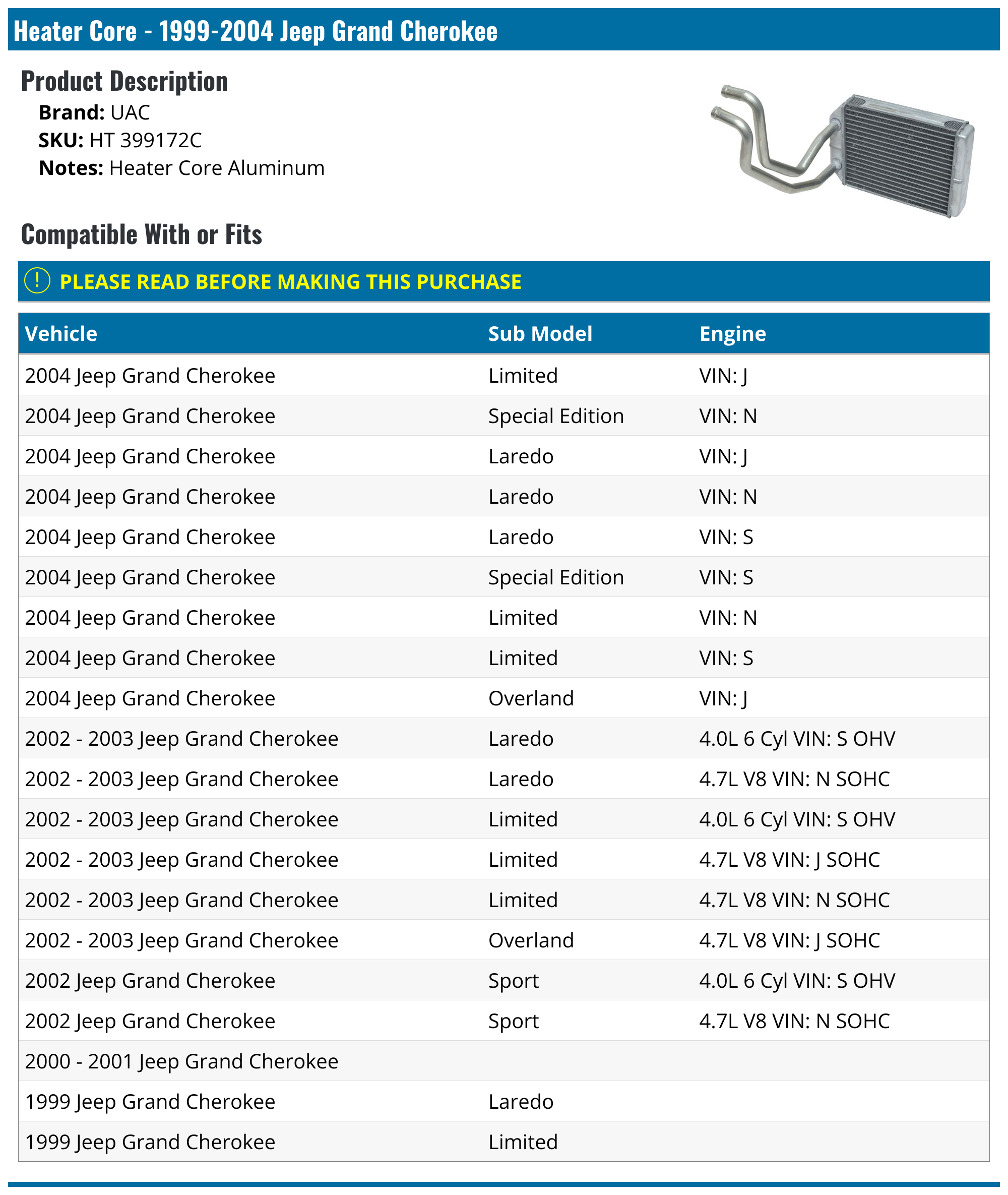 1999-2004 Jeep Grand Cherokee Heater Core - UAC HT 399172C - PartsGeek.com