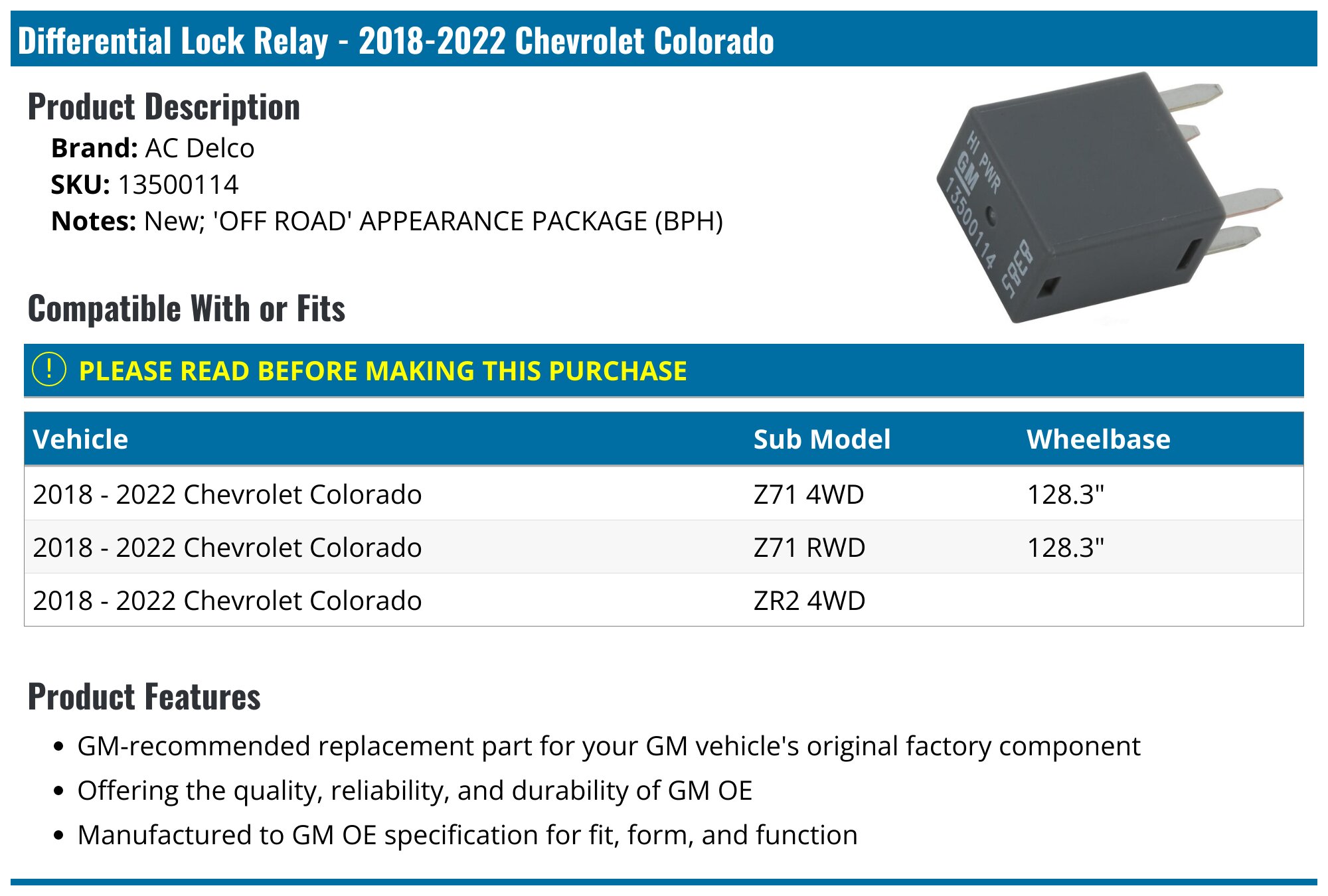 2018-2022 Chevrolet Colorado Differential Lock Relay - AC Delco ...