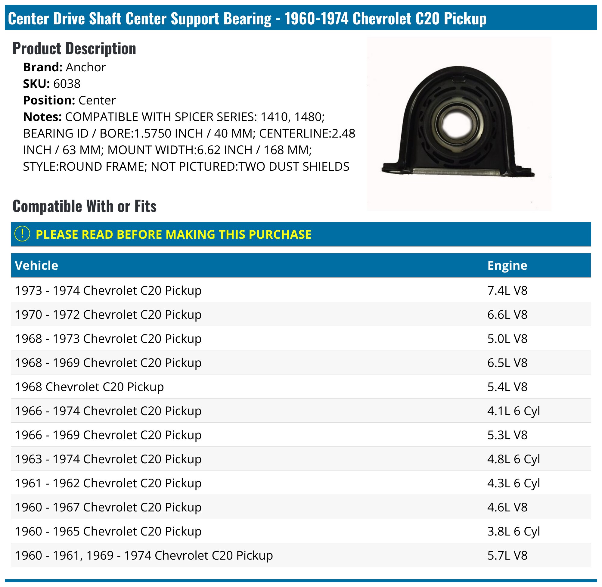 1960-1974 Chevrolet C20 Pickup Drive Shaft Center Support Bearing ...