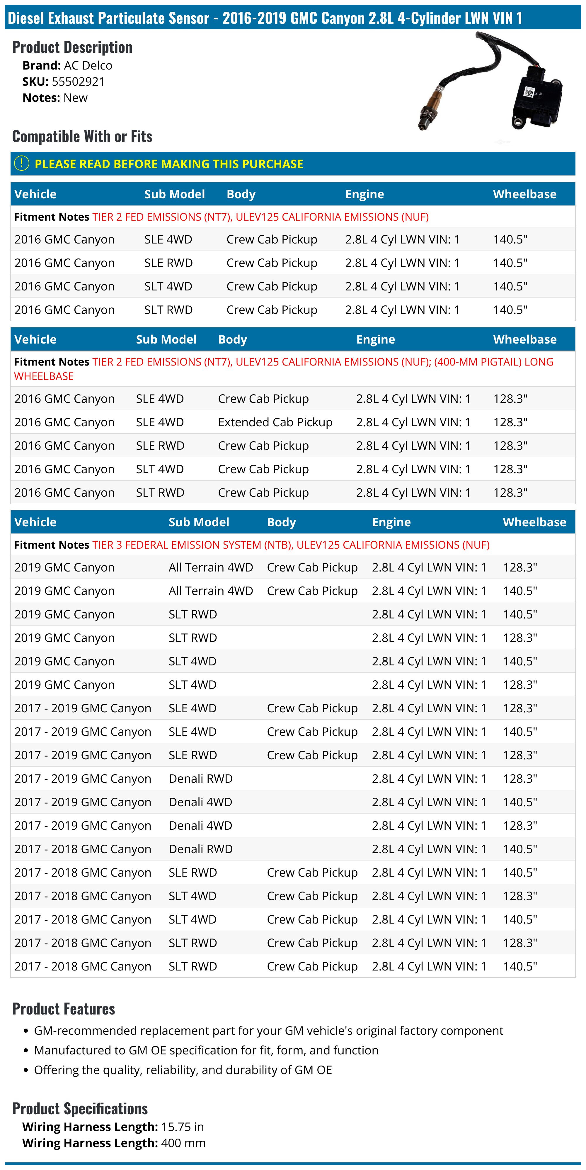 2016-2019 GMC Canyon Diesel Exhaust Particulate Sensor - AC Delco ...