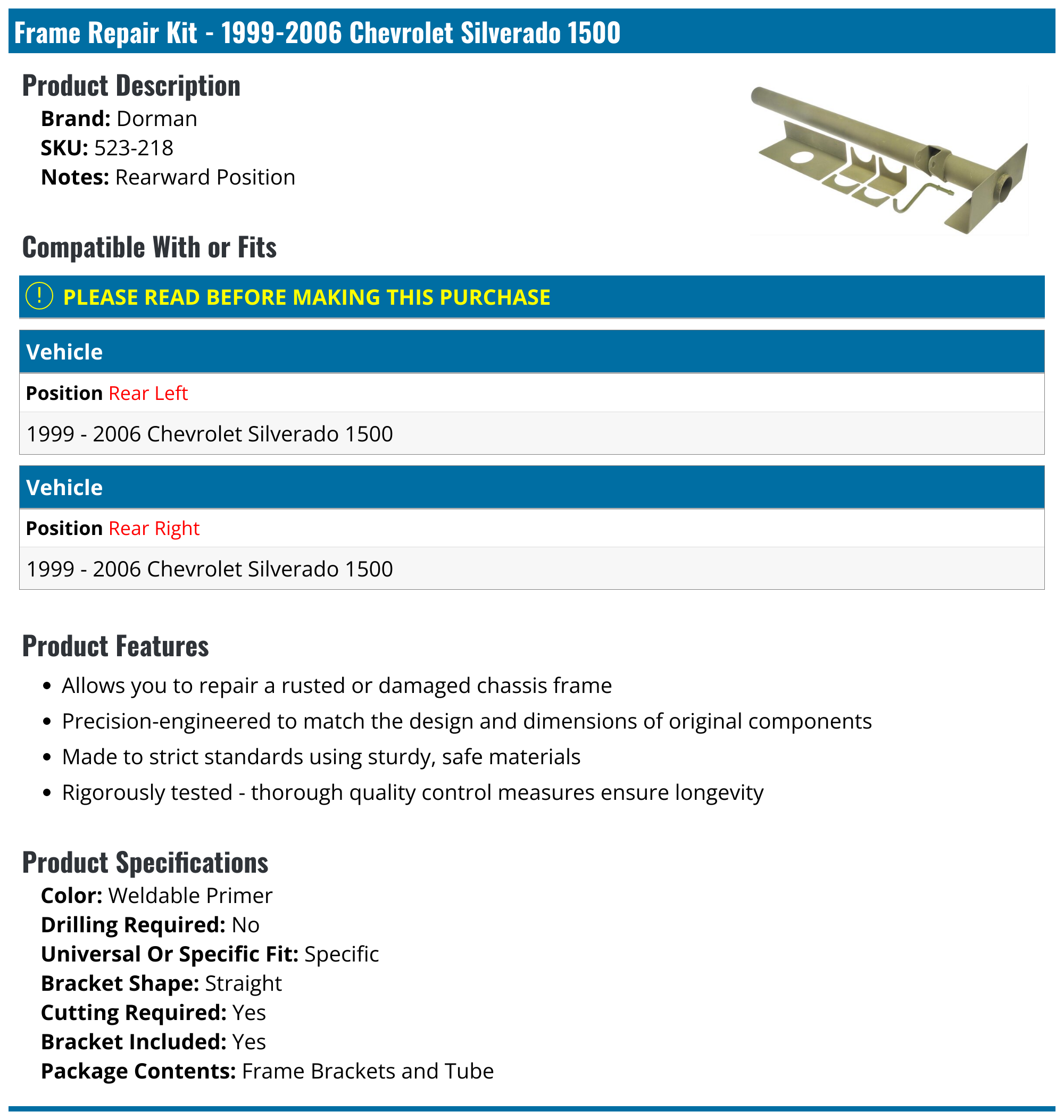 1999-2006 Chevrolet Silverado 1500 Frame Repair Kit - Dorman 523-218 ...