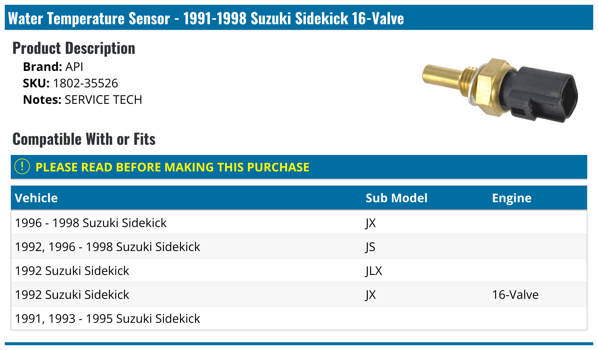 1991-1998 Suzuki Sidekick Water Temperature Sensor - API 28-07738649 ...