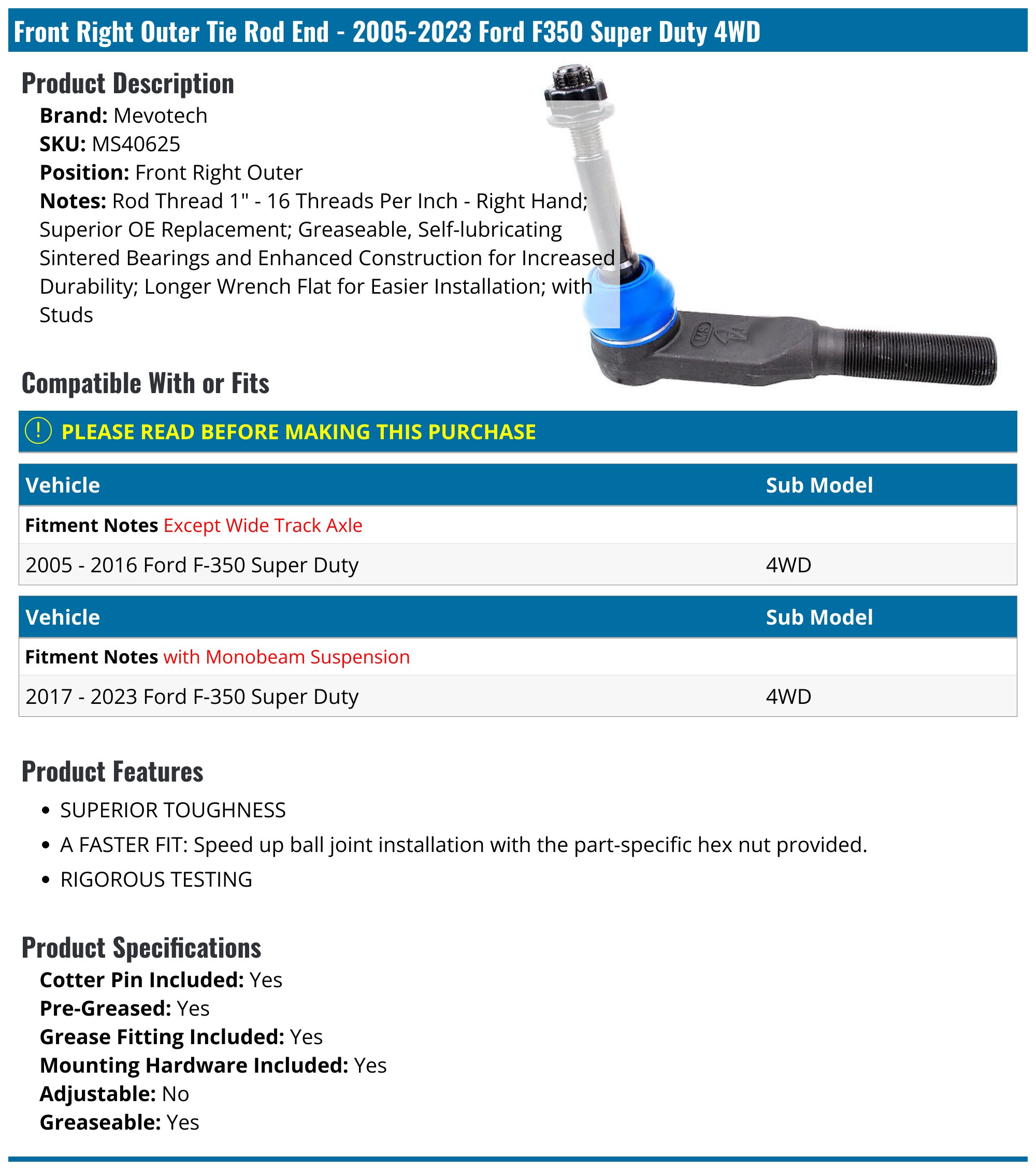 2005-2023 Ford F350 Super Duty Tie Rod End - Mevotech MS40625 - Front ...