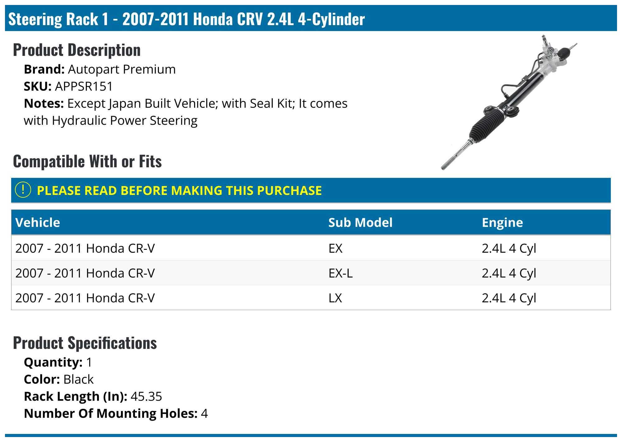 2007-2011 Honda CRV Steering Rack - Autopart Premium APPSR151 ...