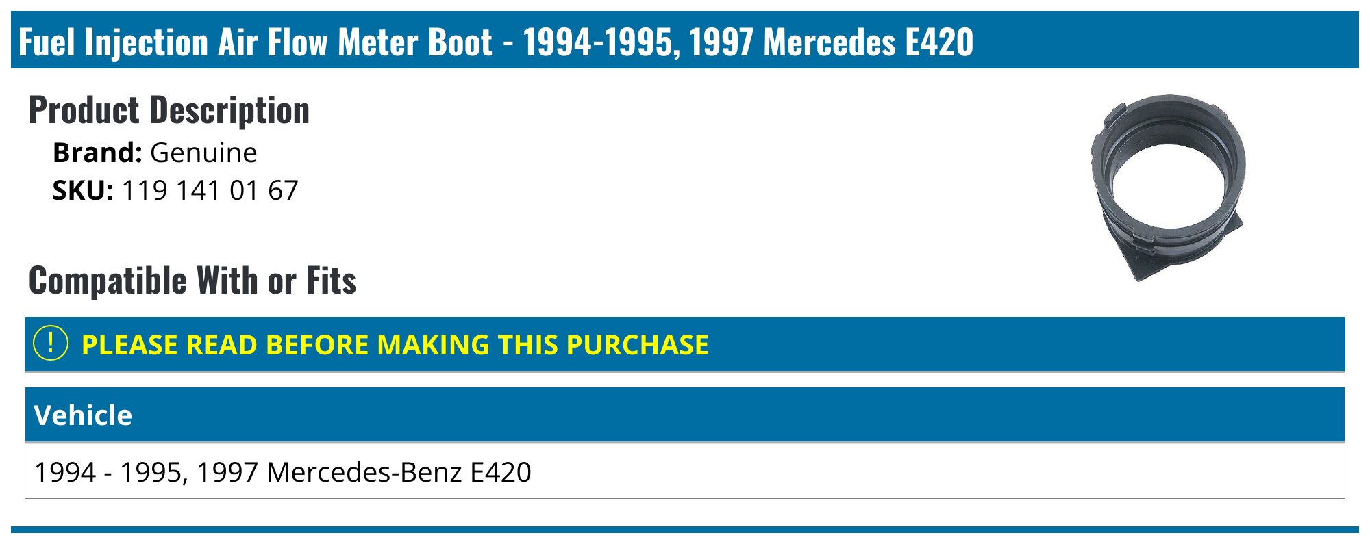 1994-1995, 1997 Mercedes E420 Fuel Injection Air Flow Meter Boot ...