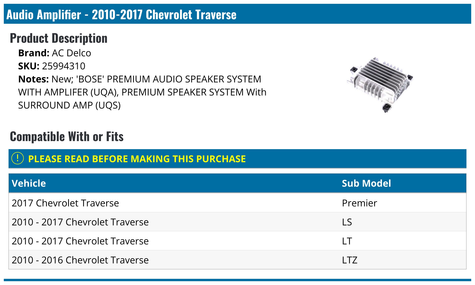 2010-2017 Chevrolet Traverse Audio Amplifier - AC Delco 25994310 ...